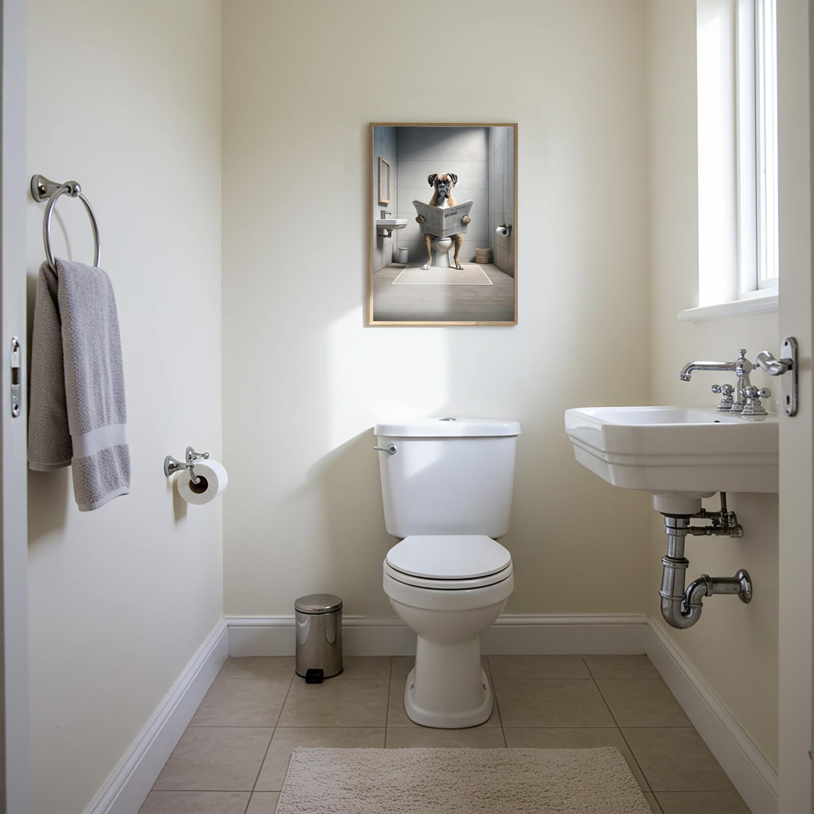 Photograph of a Boxer Reading the Newspaper on the Toilet, Funny ...