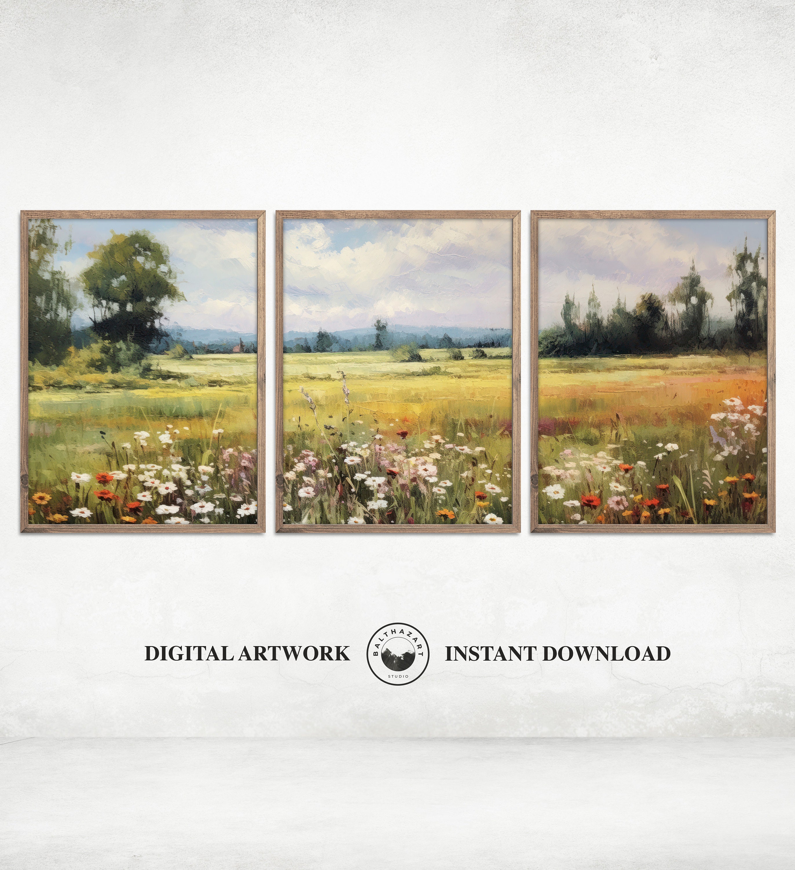 Trio of Printable Oil Paintings: Wildflowers Field Landscape, Vintage ...
