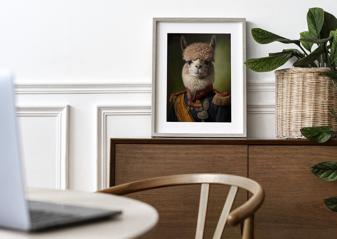 Portrait of an Alpaca in Military Uniform, Animal Wall Decor, Heroic ...