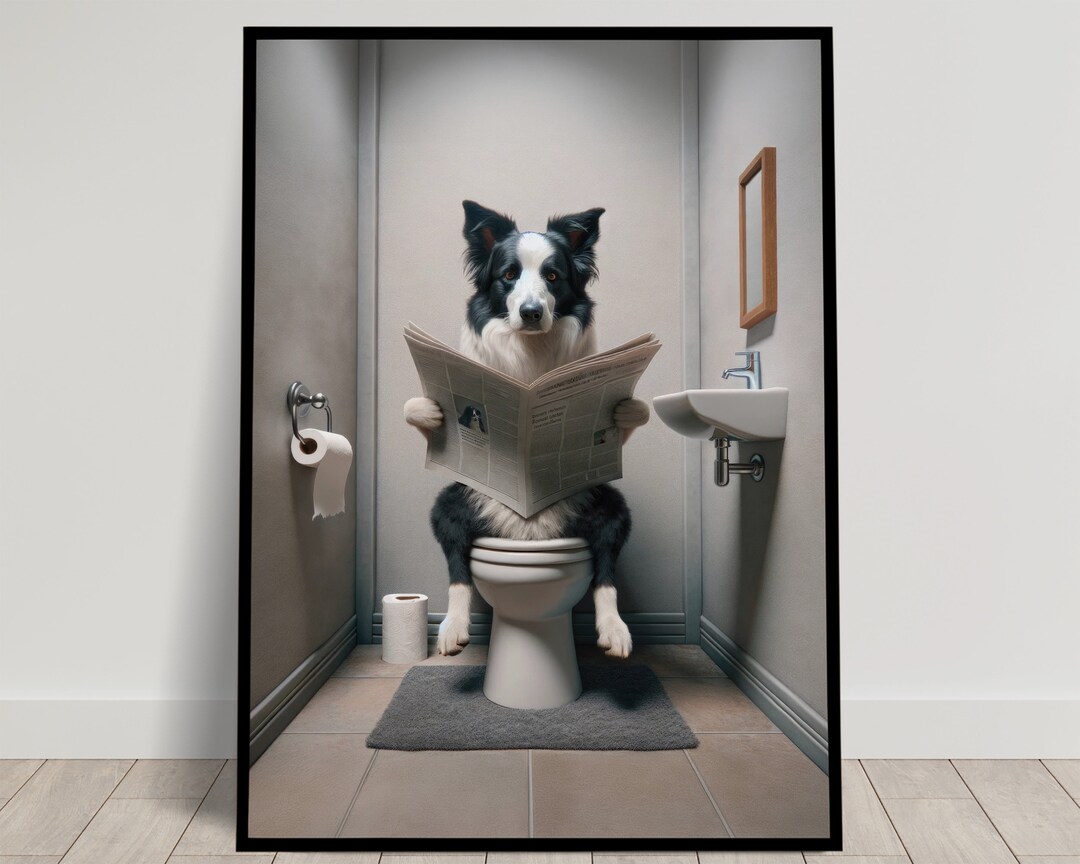 Photograph of a Border Collie Reading the Newspaper on the Toilet ...