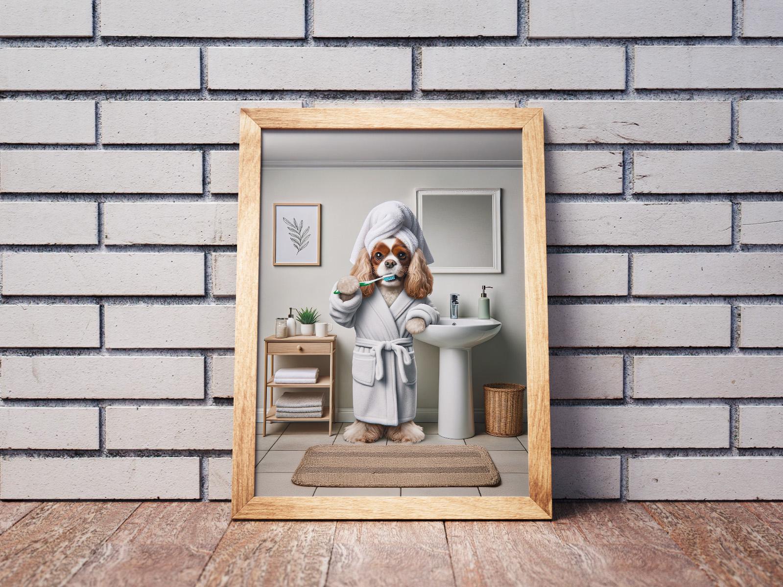 Portrait of a Cavalier King Charles Spaniel Brushing Teeth in Bathrobe ...