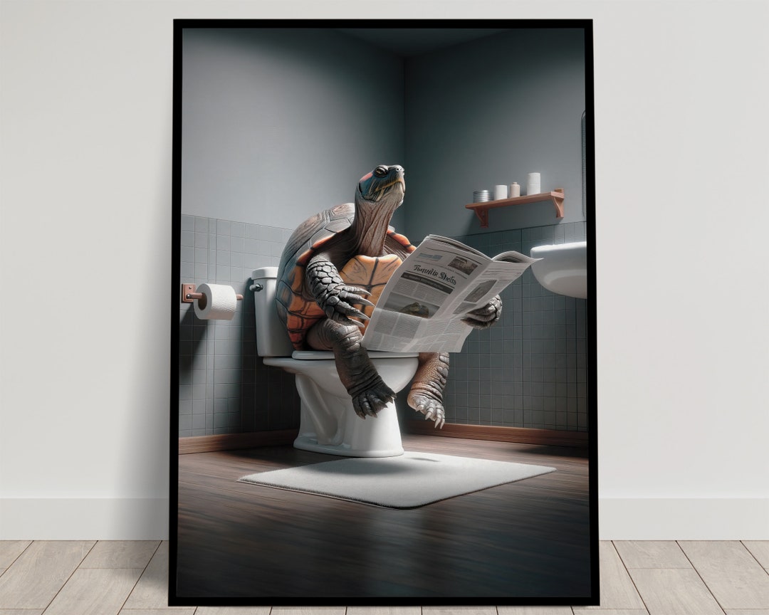 Photograph of a Turtle Reading the Newspaper on the Toilet, Funny ...