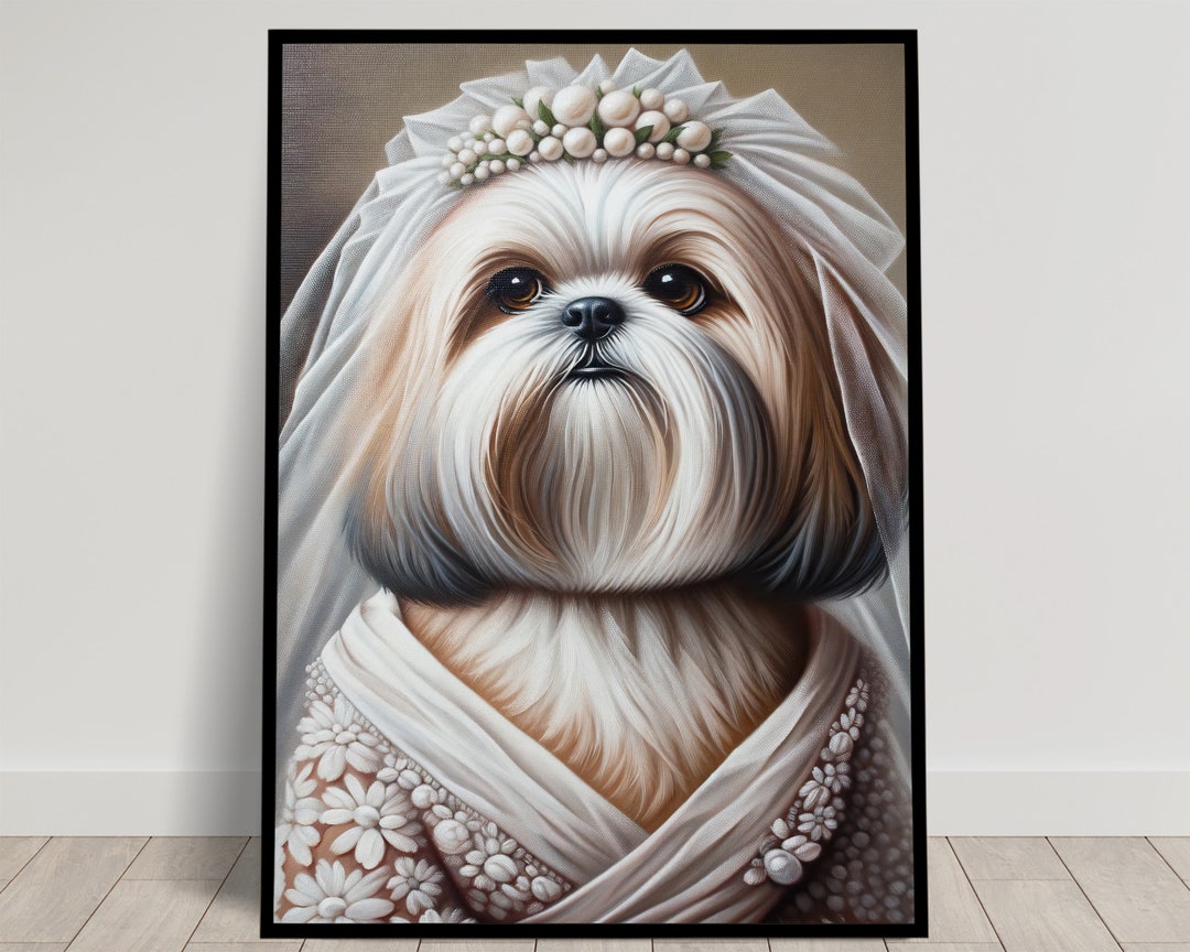 Portrait of a Shih Tzu Wearing a Wedding Dress, Animal Wall Decor, Shih ...