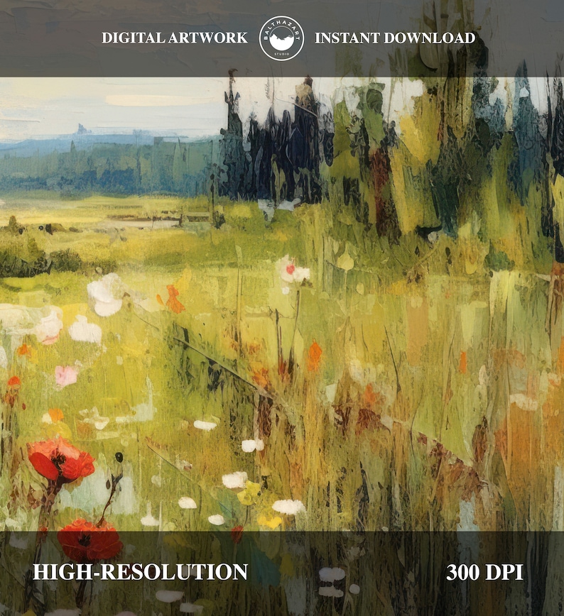 Trio of Printable Oil Paintings: Wildflower Meadow Landscape, Vintage ...