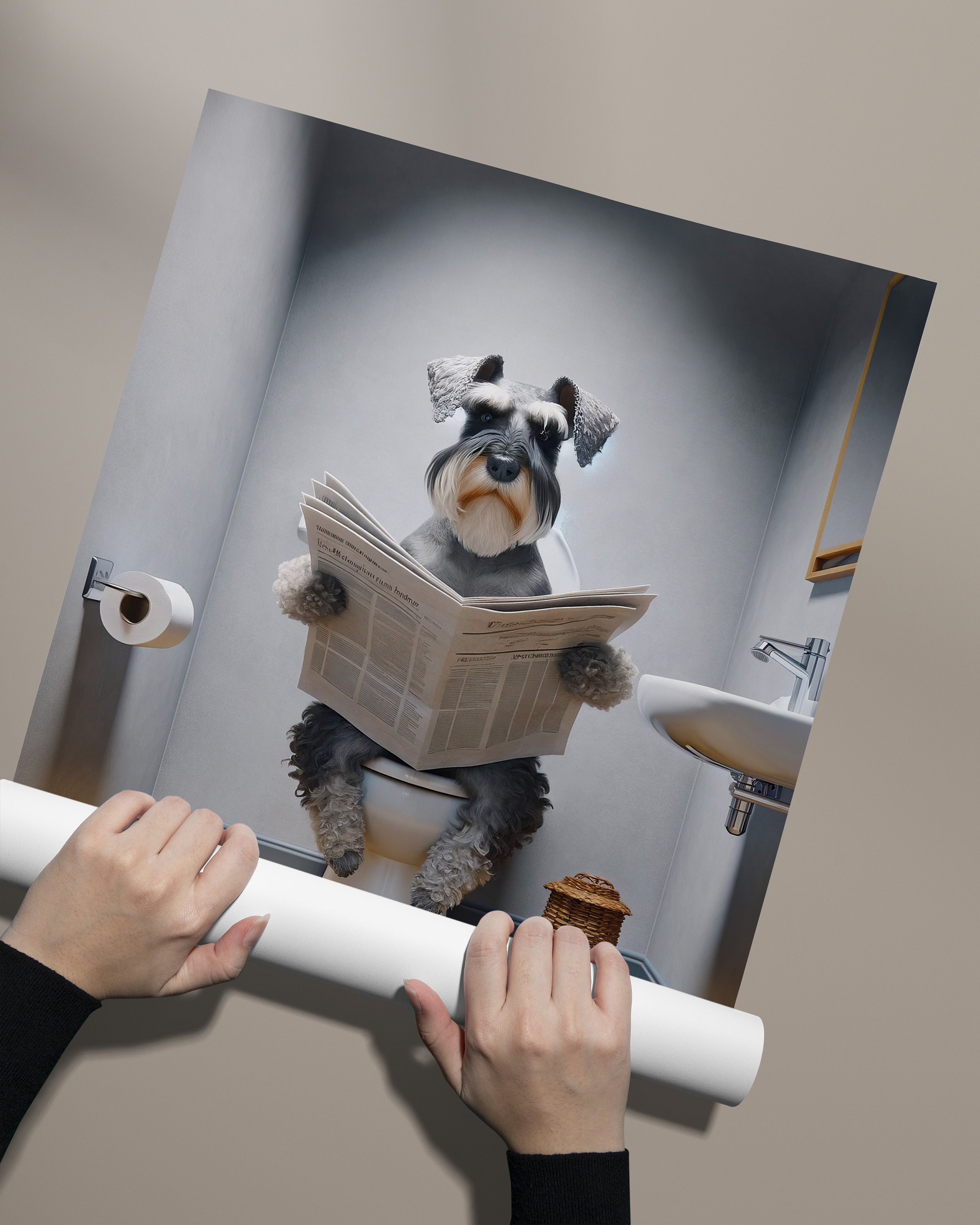 Photograph of a Miniature Schnauzer Reading the Newspaper on the Toilet ...