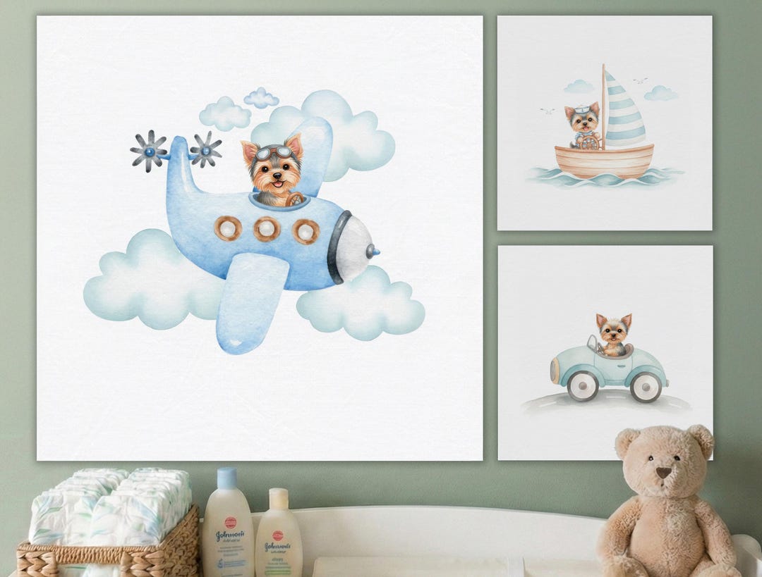 Yorkshire Puppy Set of 3 Nursery Wall Art - Plane Boat Car, Baby Room ...