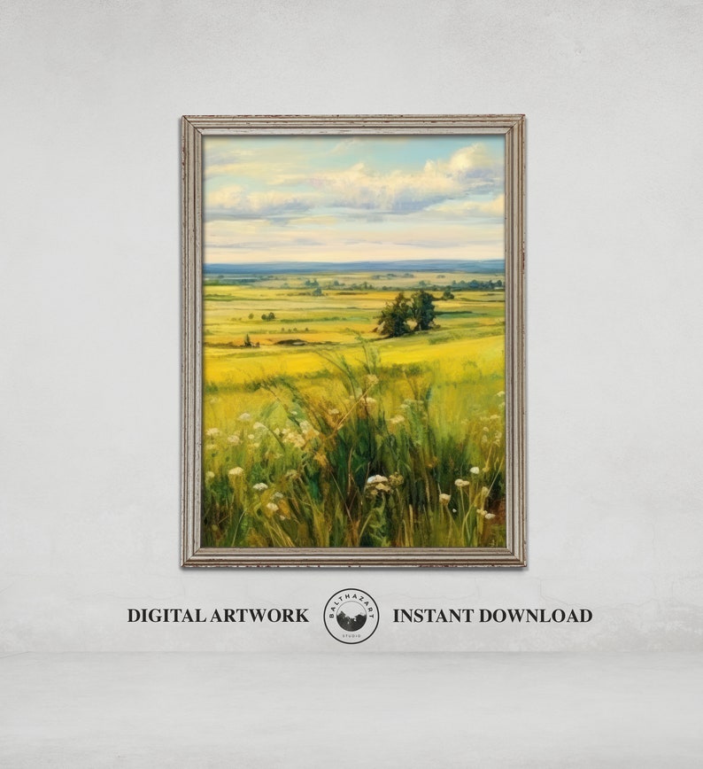 Triptych of Printable Oil Paintings: Meadows Landscape, Vintage ...