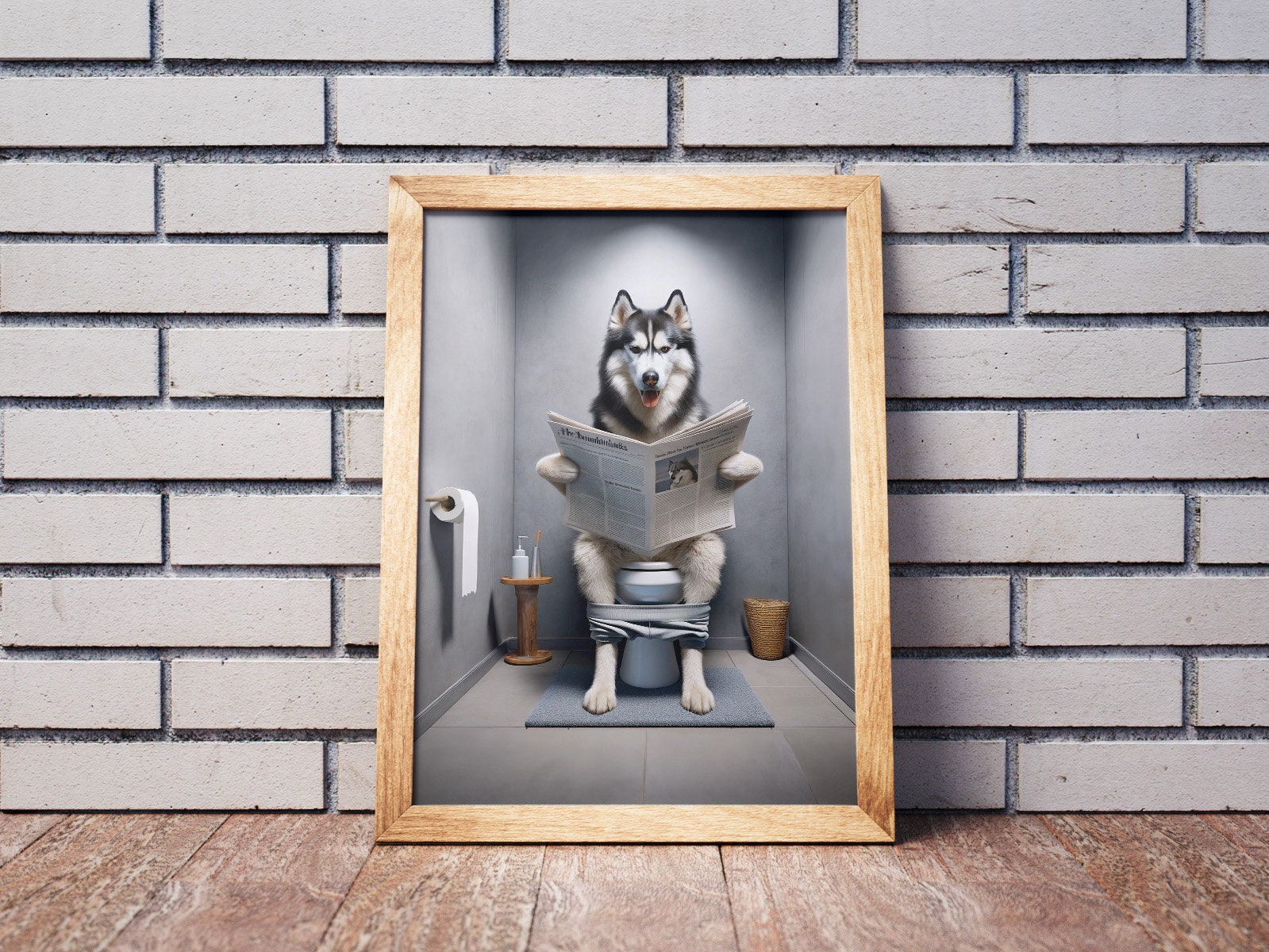 Photograph of a Siberian Husky Reading the Newspaper on the Toilet ...