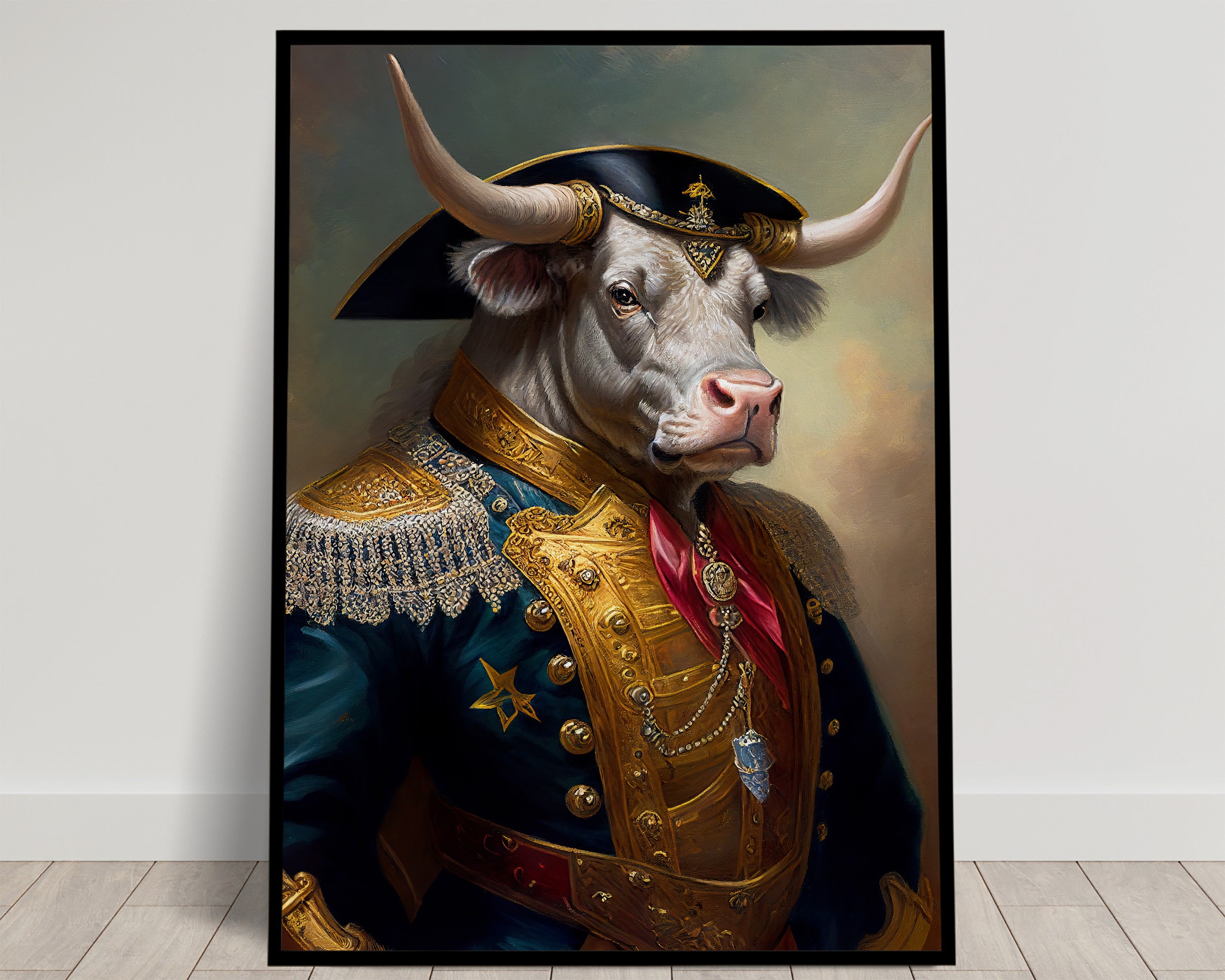 Portrait of a Bull in Military Uniform, Animal Wall Decor, Bull Poster ...