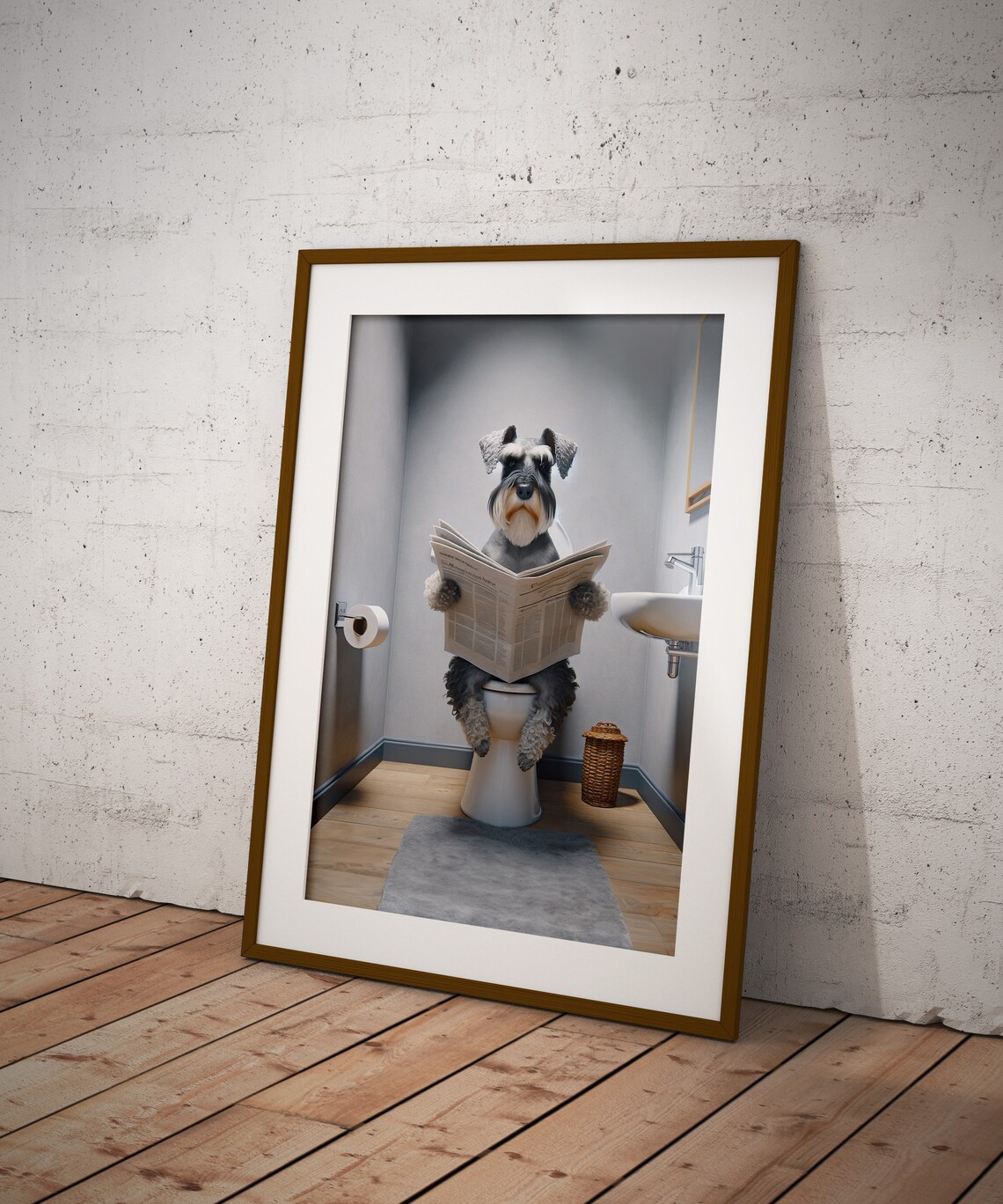 Photograph of a Miniature Schnauzer Reading the Newspaper on the Toilet ...