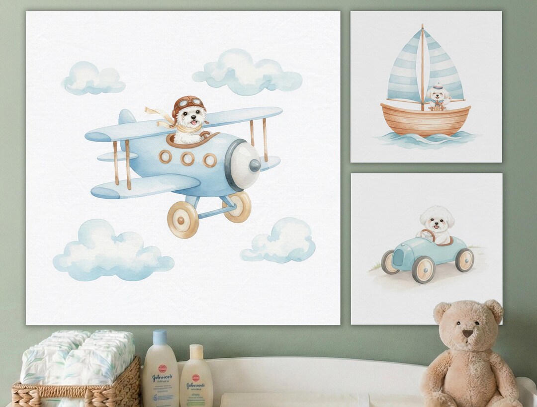 Bichon Frisé Puppy Set of 3 Nursery Wall Art - Plane Boat Car, Baby ...