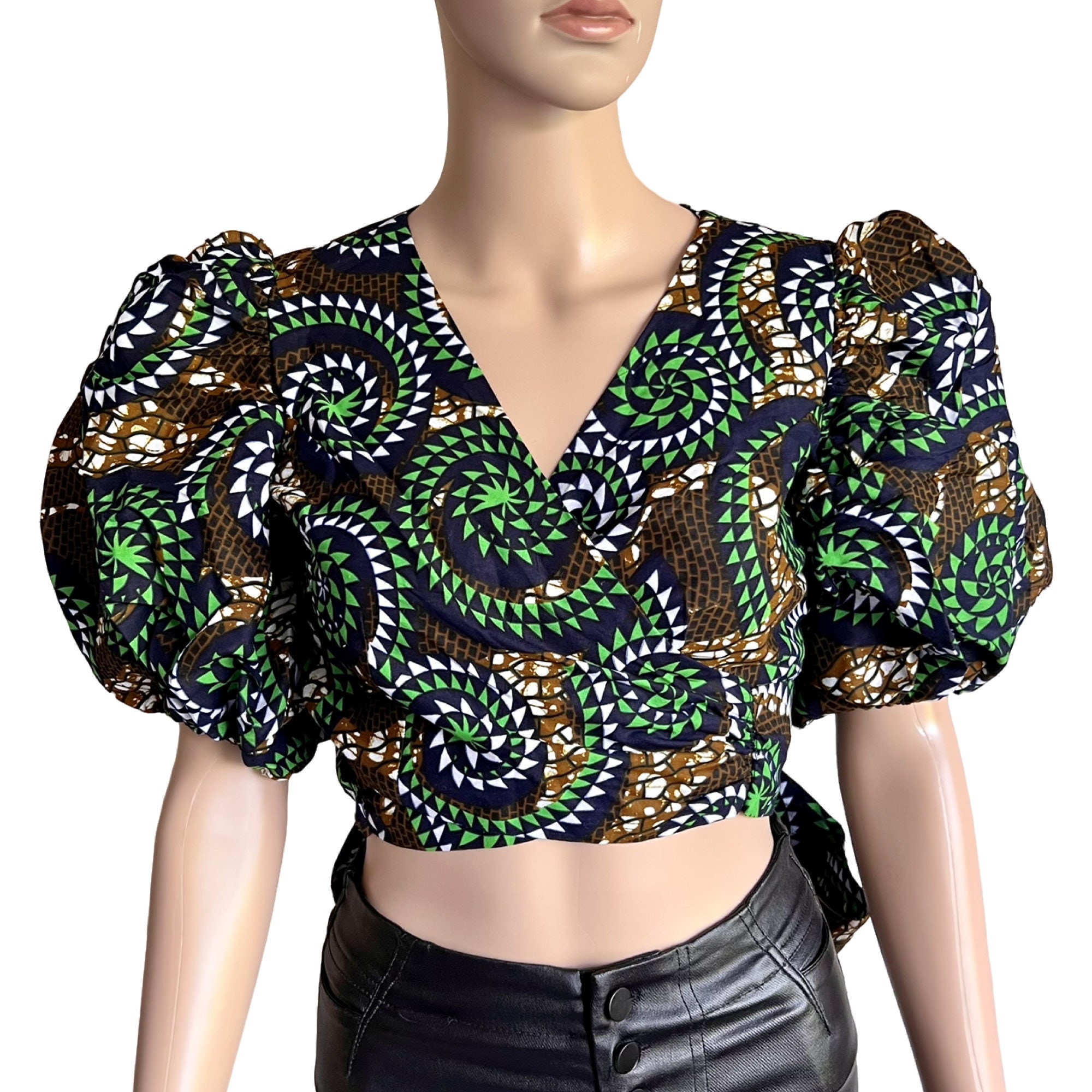 African Print Wrap Crop Top With Puff Sleeves, Ankara Wrap Top ...