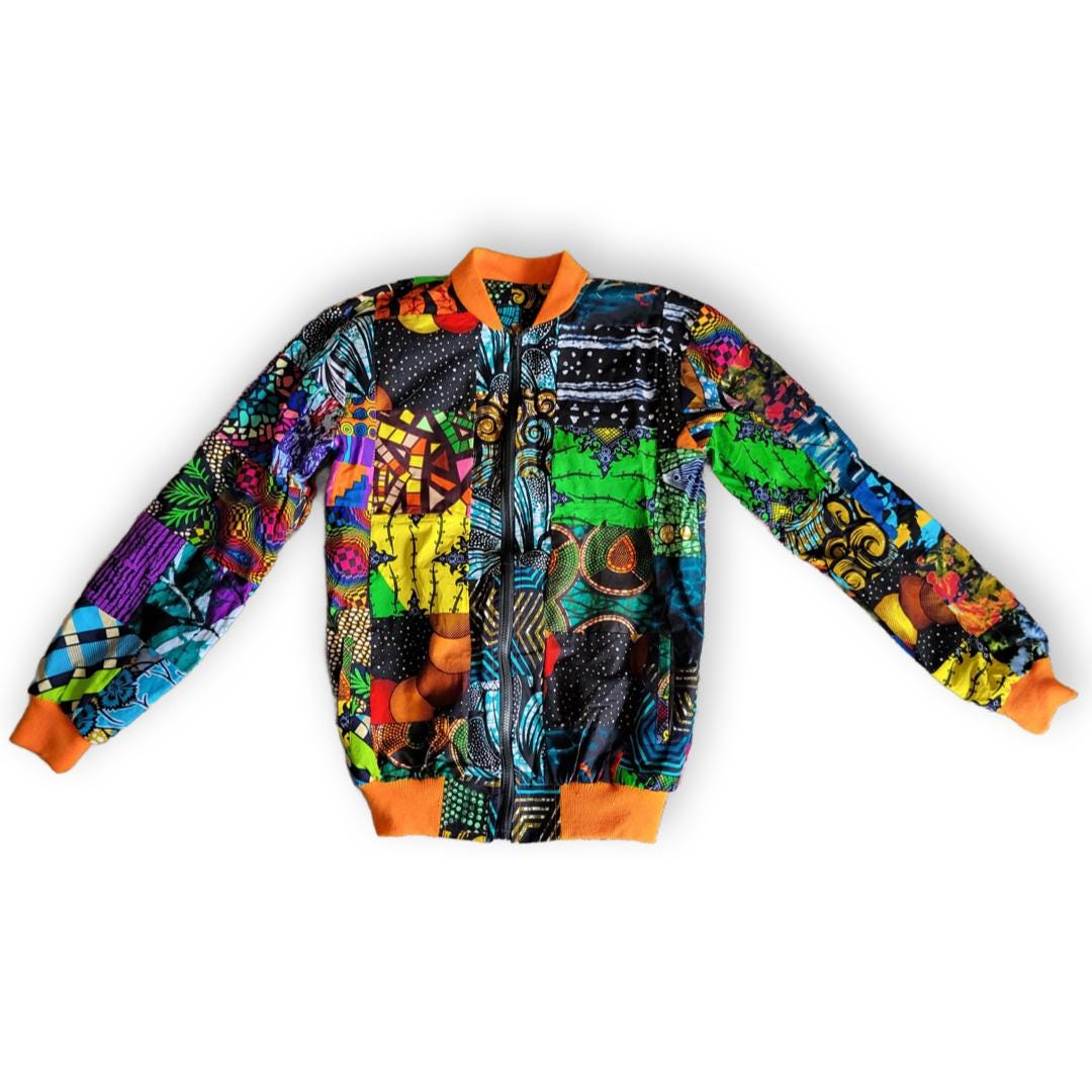 Vibrant Patchwork Bomber Jacket With a Front Zip and Pockets, Unisex ...