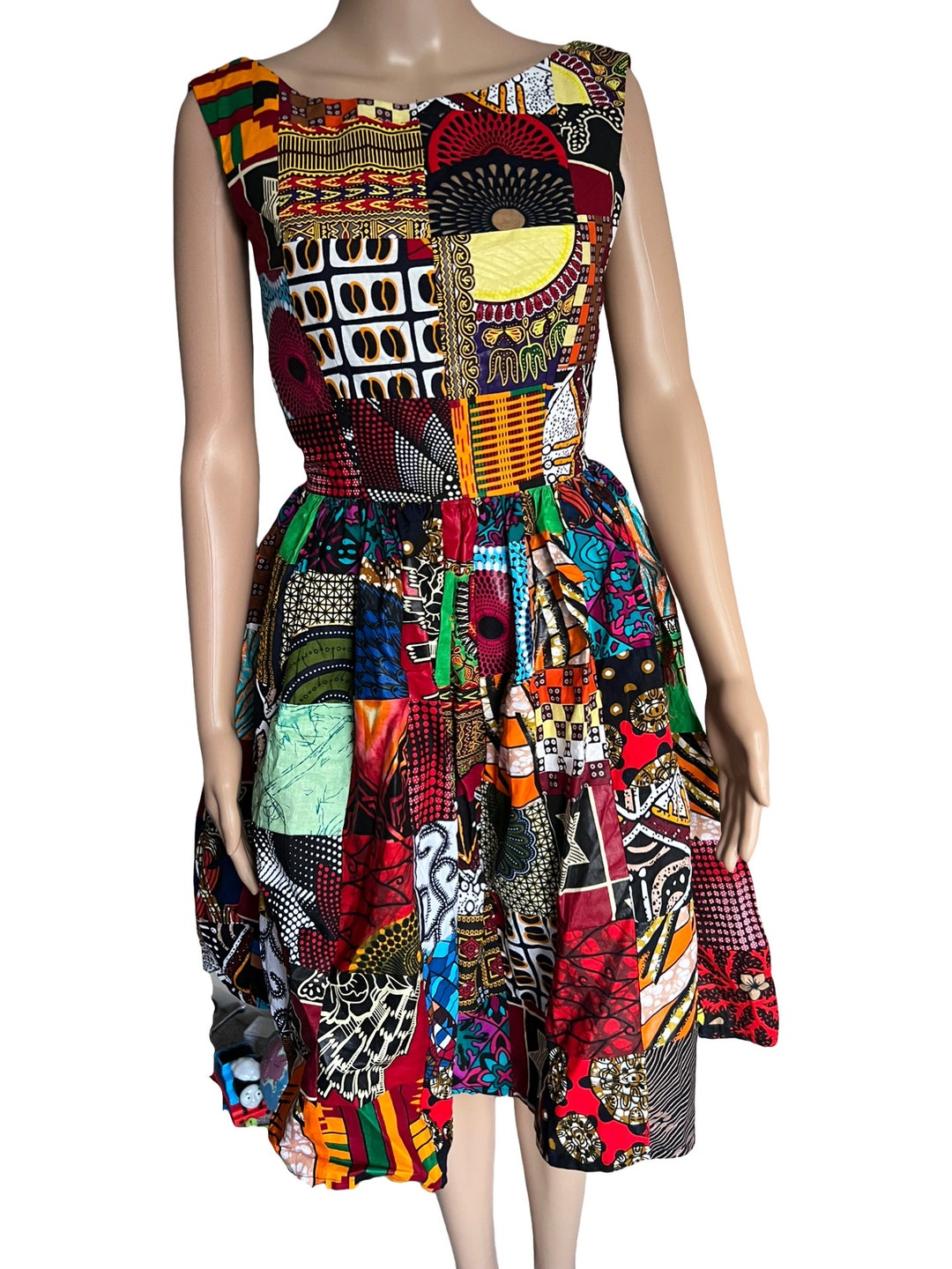 Patchwork African Print Fabric Sleeveless MIDI Dress, Summer Dress ...