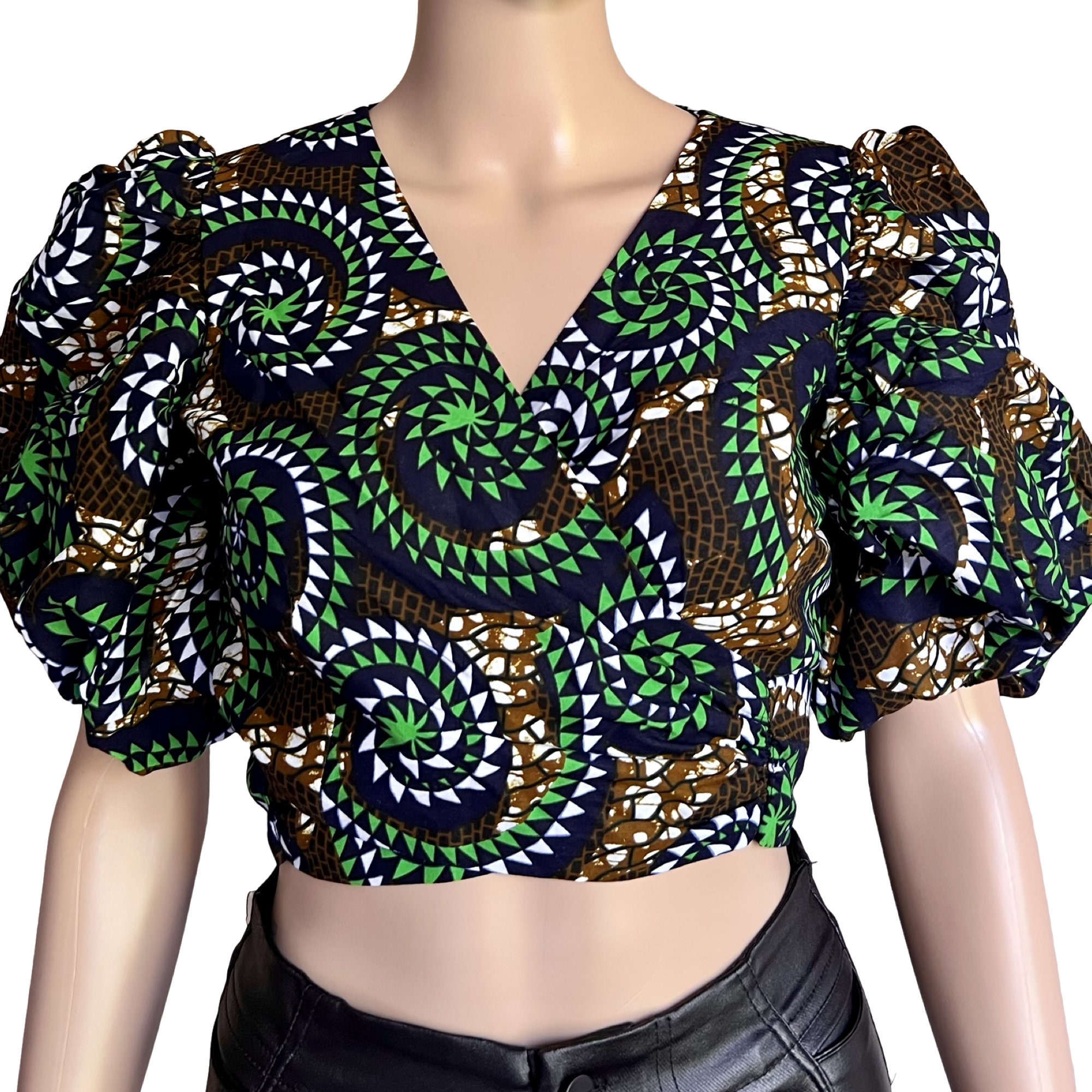 African Print Wrap Crop Top With Puff Sleeves, Ankara Wrap Top ...