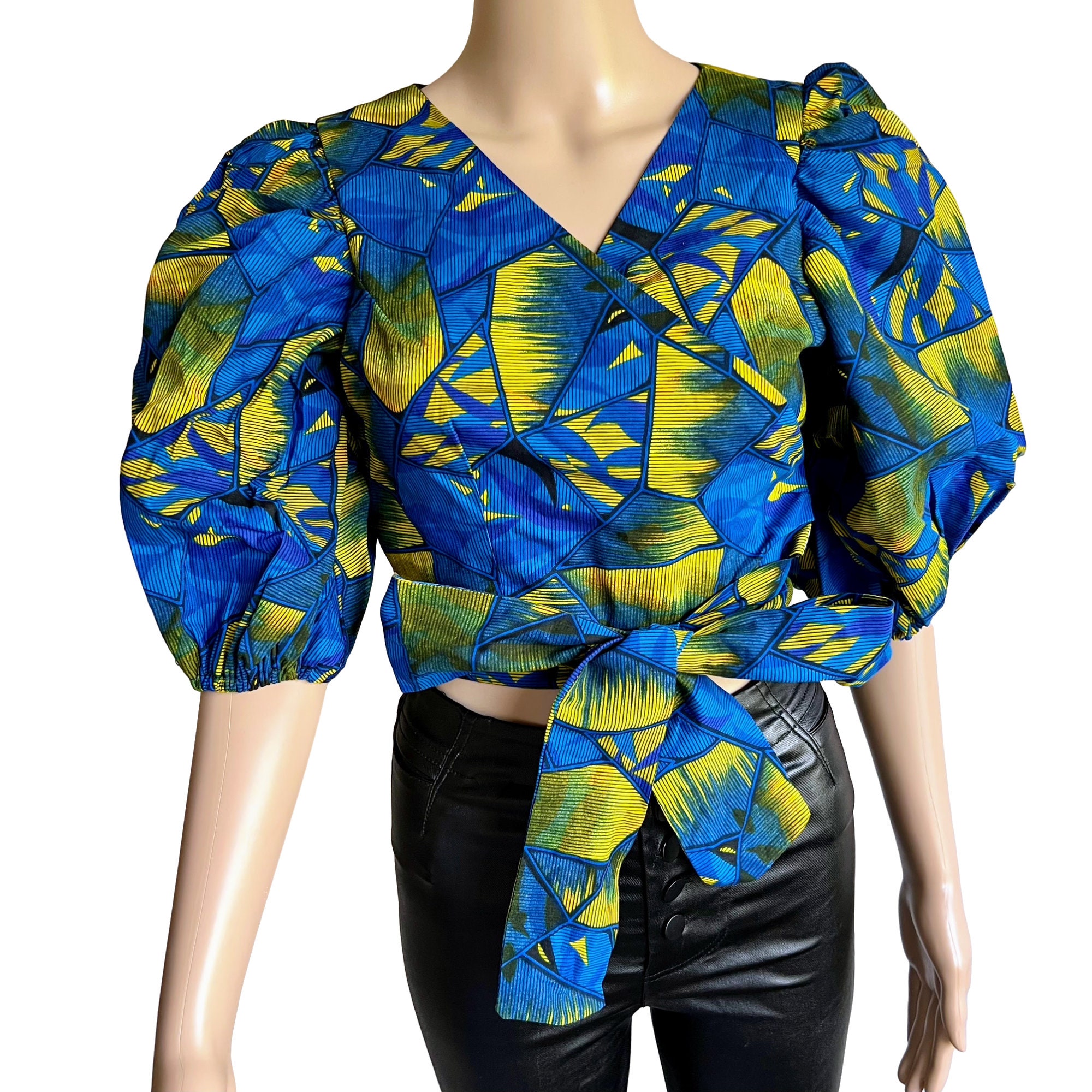 African Print Wrap Crop Top With Puff Sleeves, Ankara Wrap Top ...
