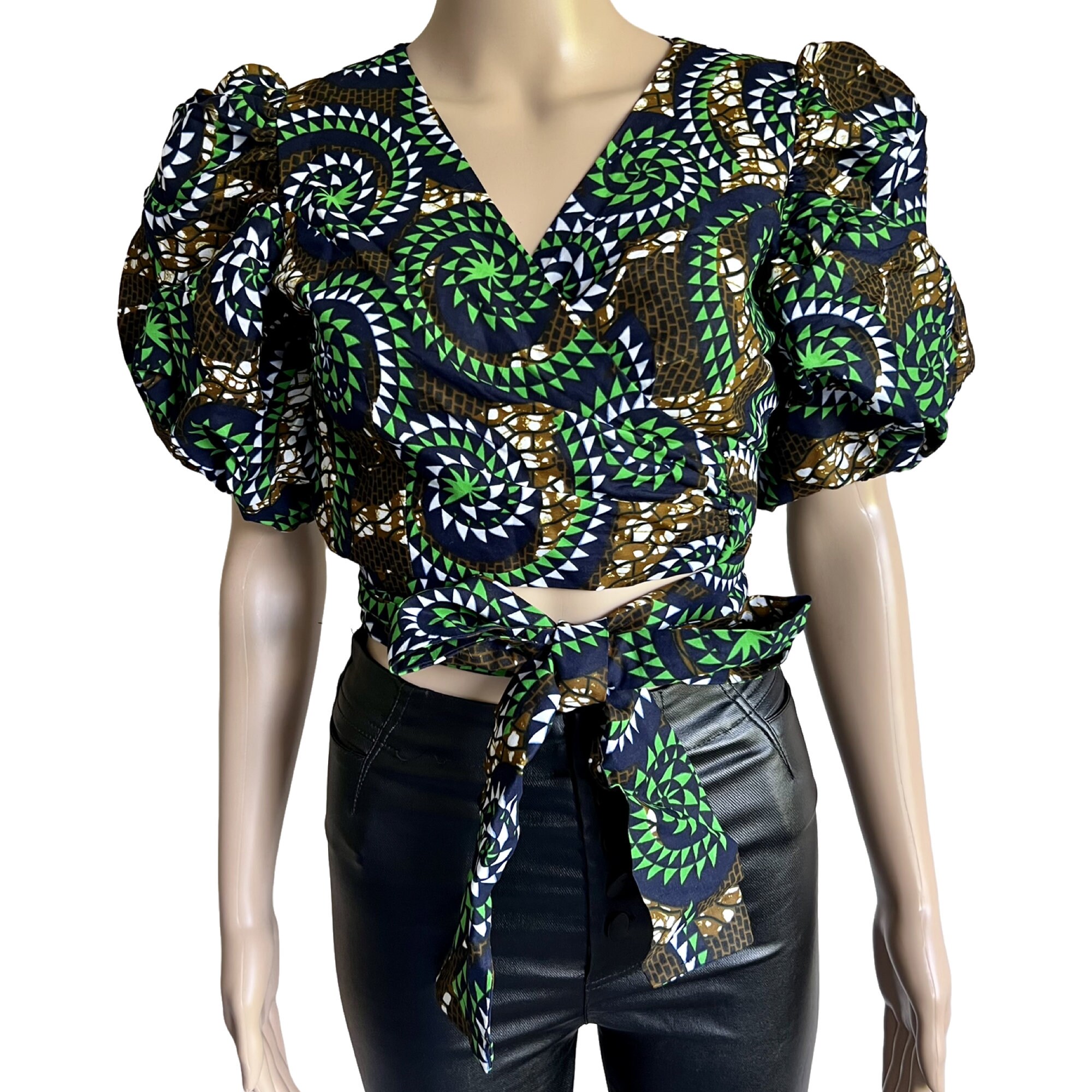 African Print Wrap Crop Top With Puff Sleeves, Ankara Wrap Top ...