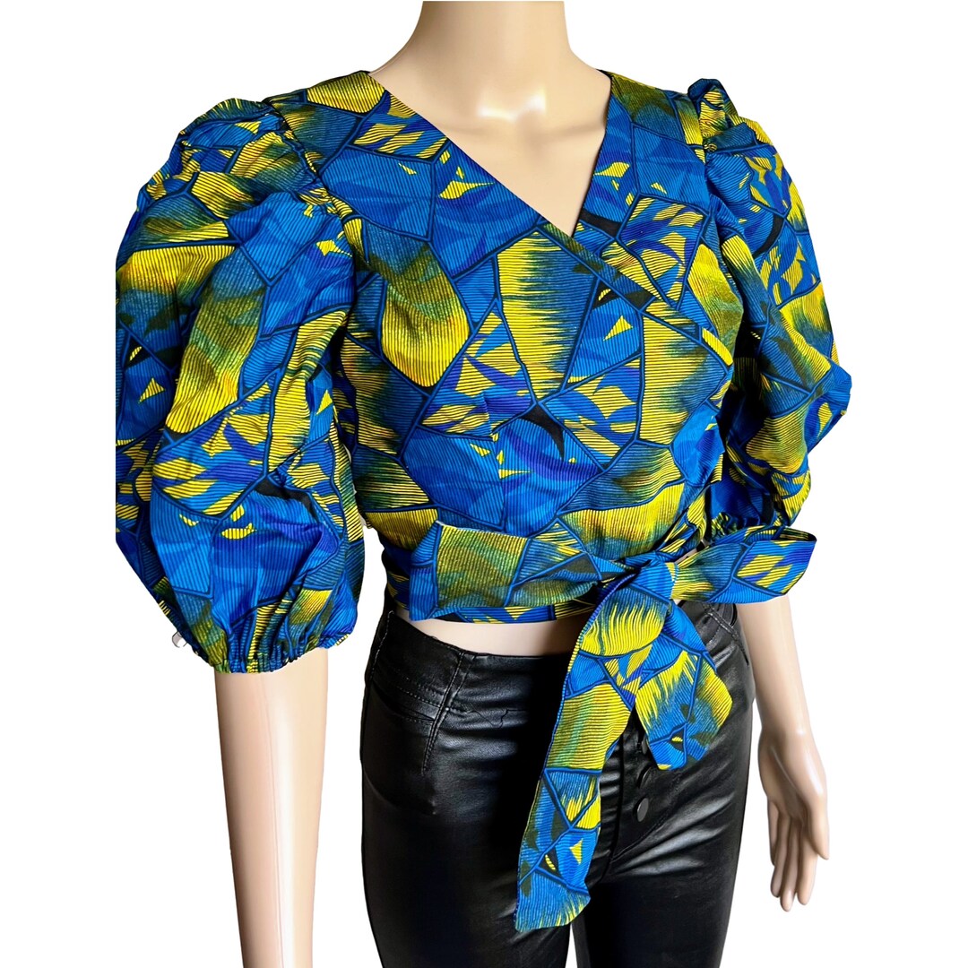 African Print Wrap Crop Top With Puff Sleeves, Ankara Wrap Top ...