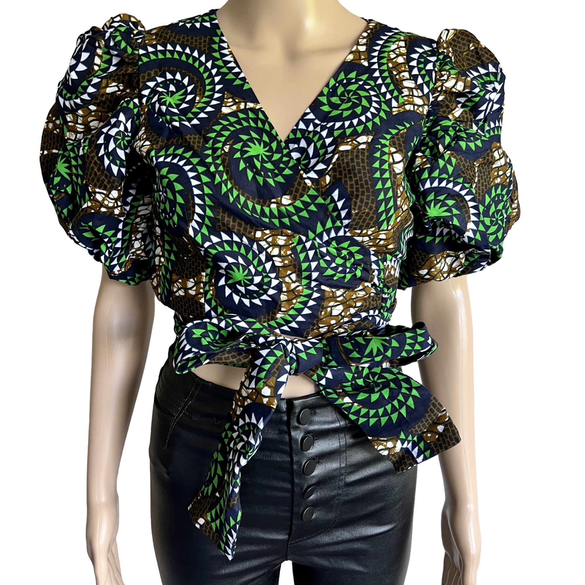 African Print Wrap Crop Top With Puff Sleeves, Ankara Wrap Top ...