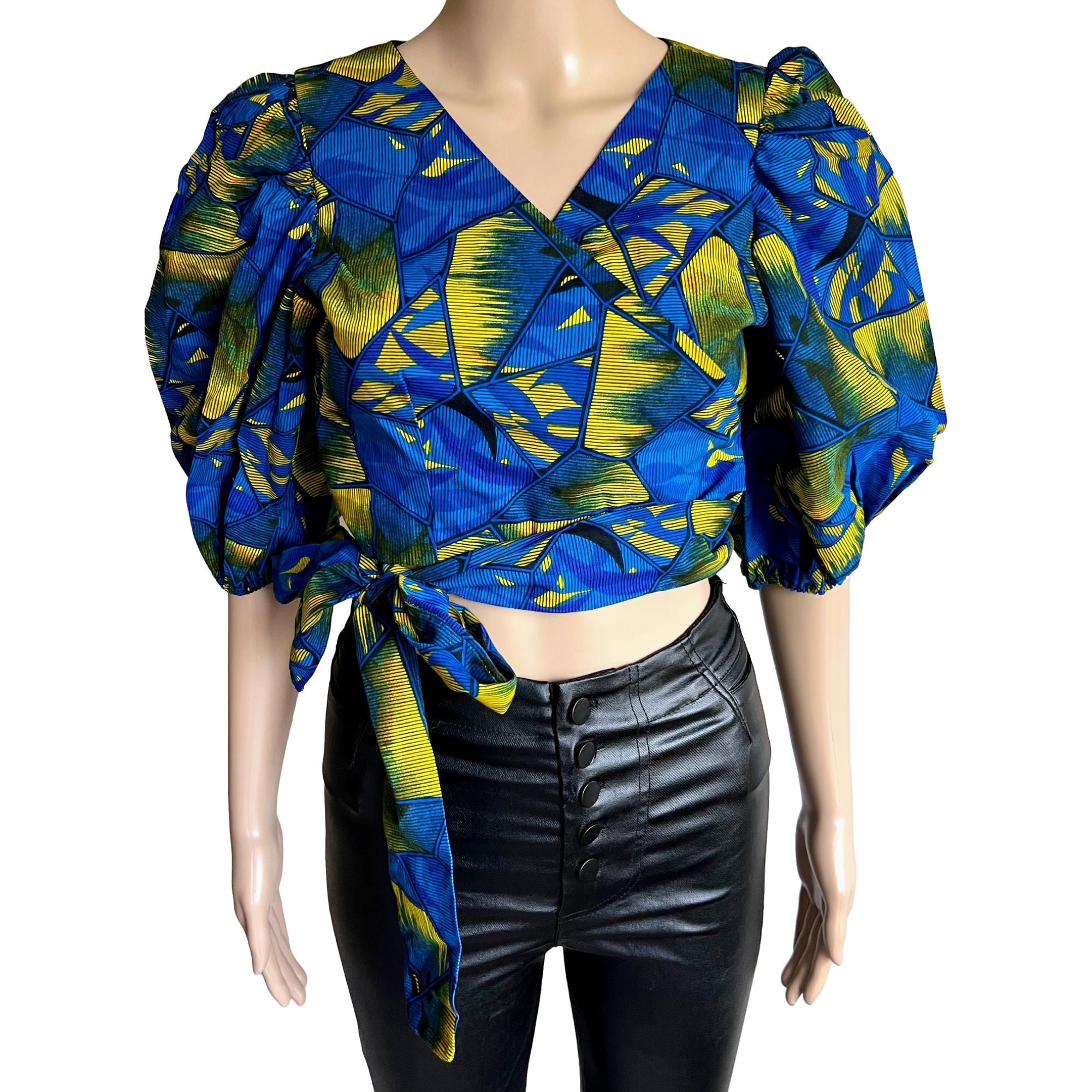 African Print Wrap Crop Top With Puff Sleeves, Ankara Wrap Top ...