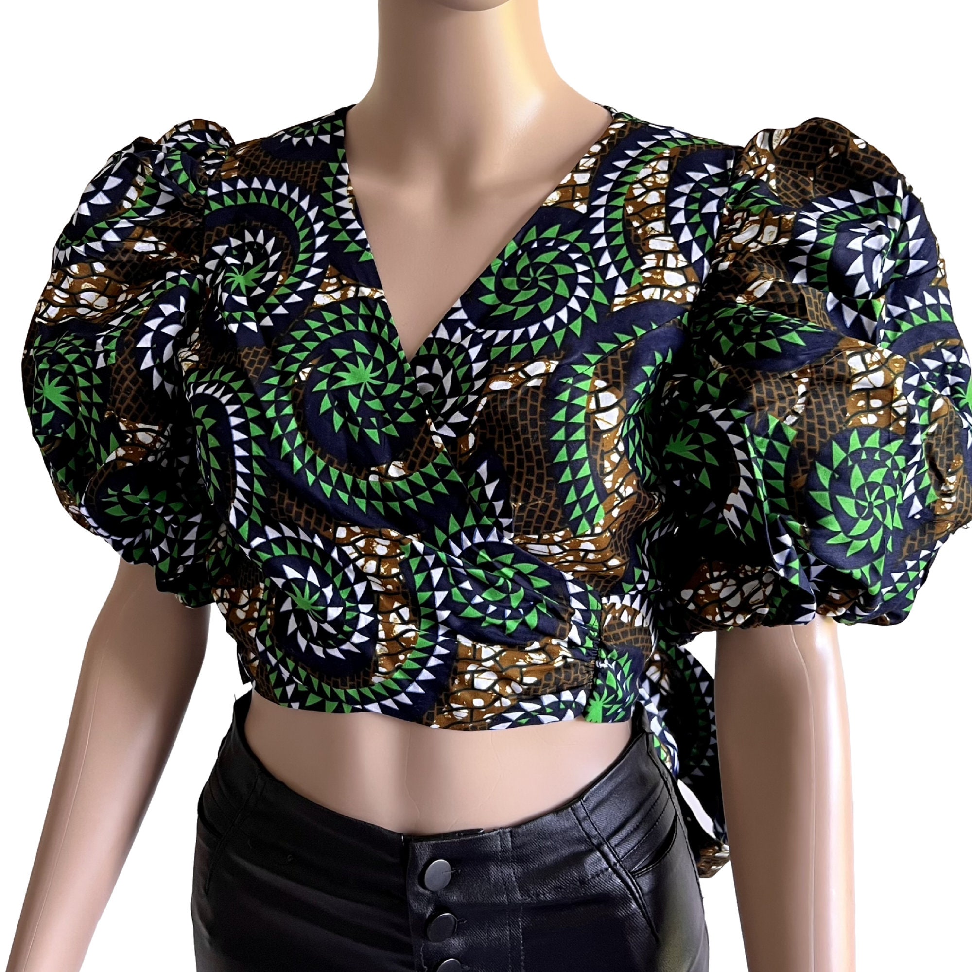 African Print Wrap Crop Top With Puff Sleeves, Ankara Wrap Top ...