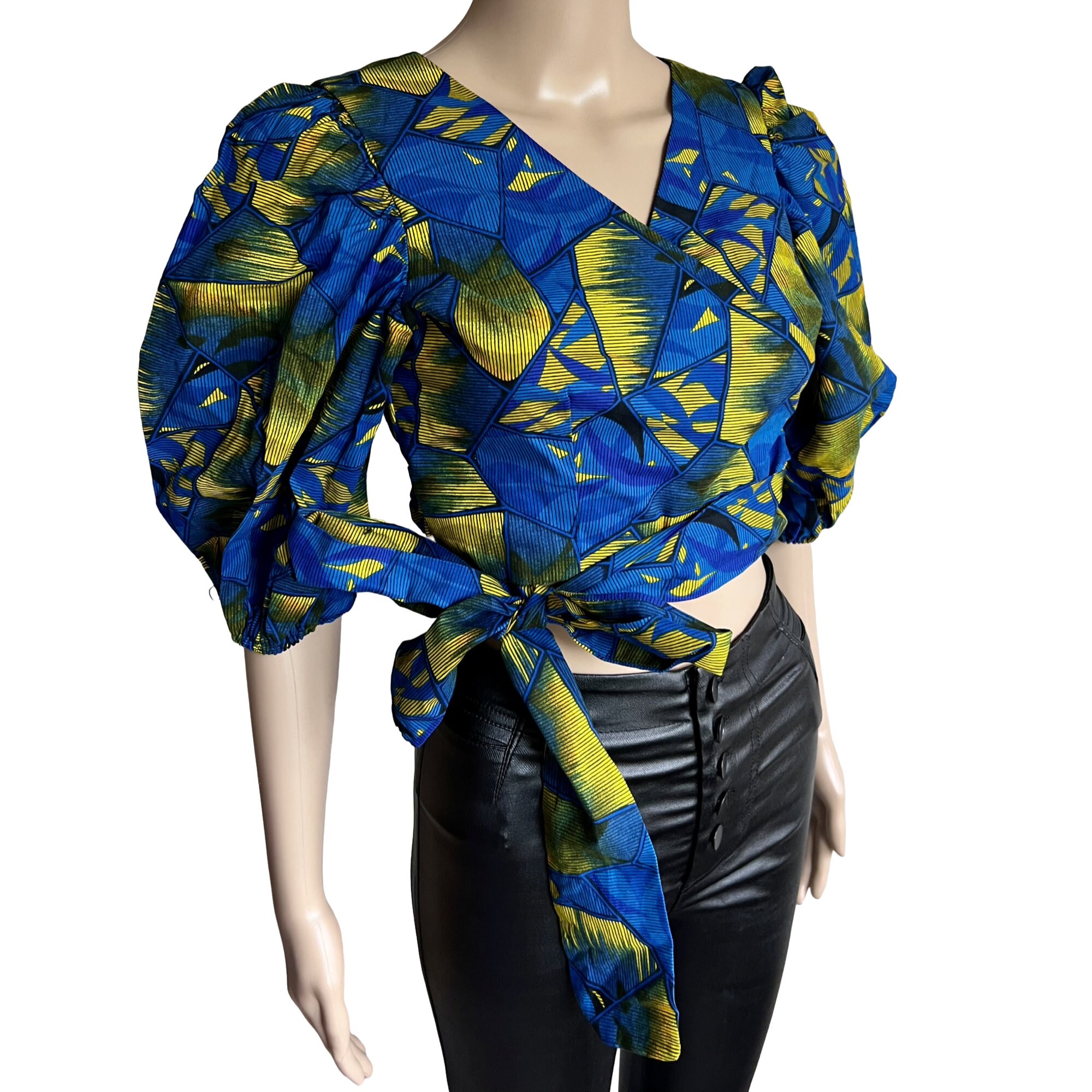 African Print Wrap Crop Top With Puff Sleeves, Ankara Wrap Top ...