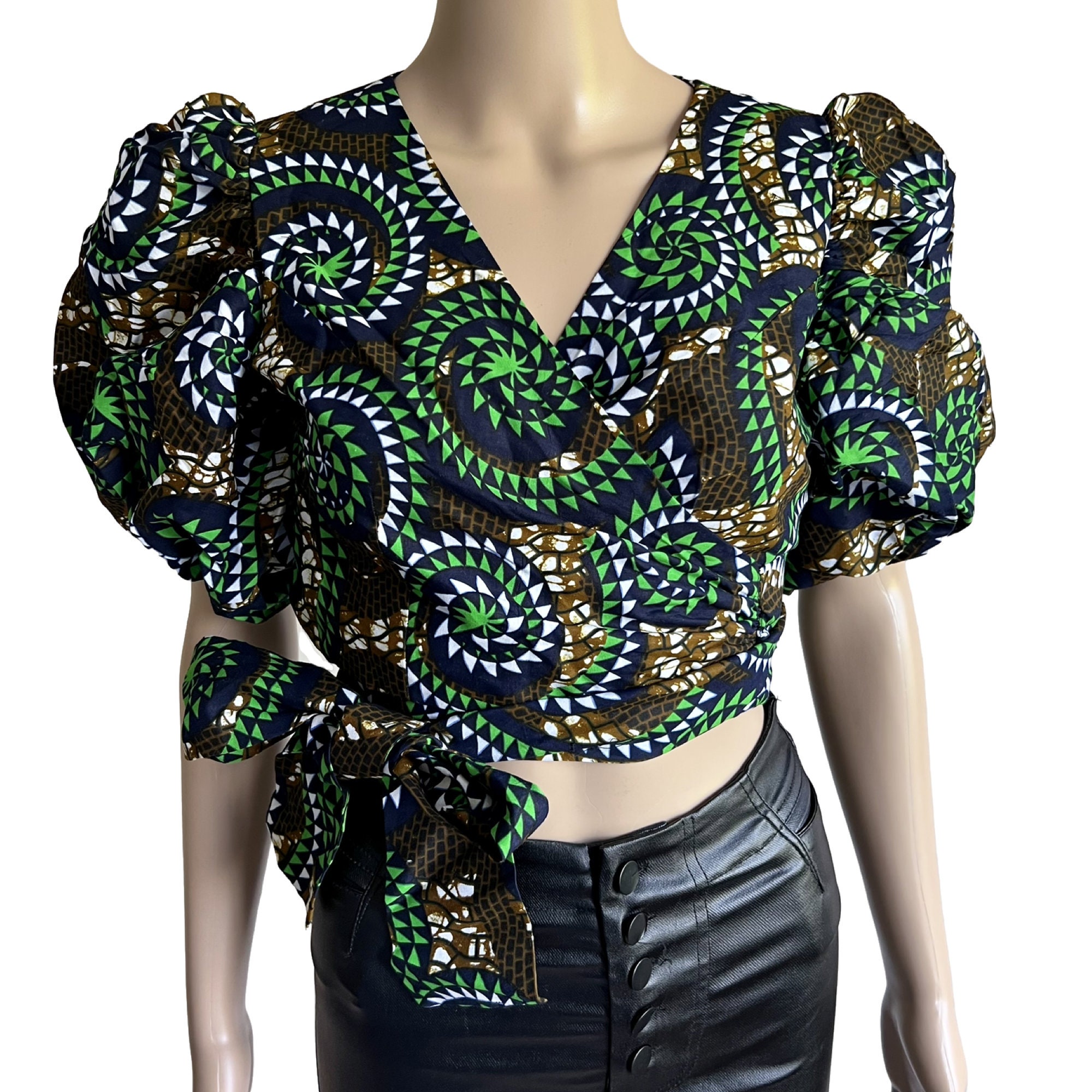 African Print Wrap Crop Top With Puff Sleeves, Ankara Wrap Top ...