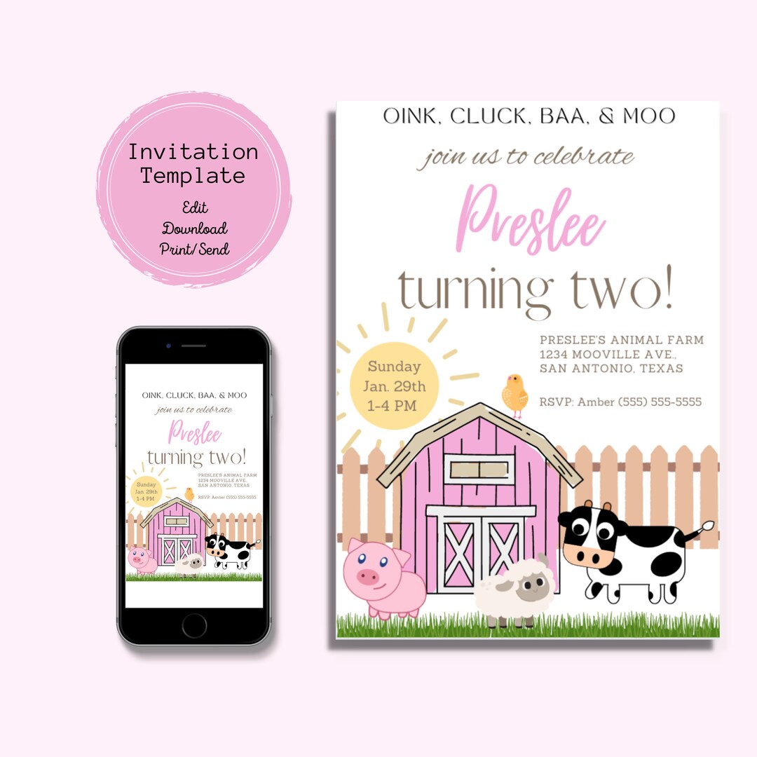 Editable Girl Farm Invitation, Girl Farmer Birthday Invitation, Oink ...