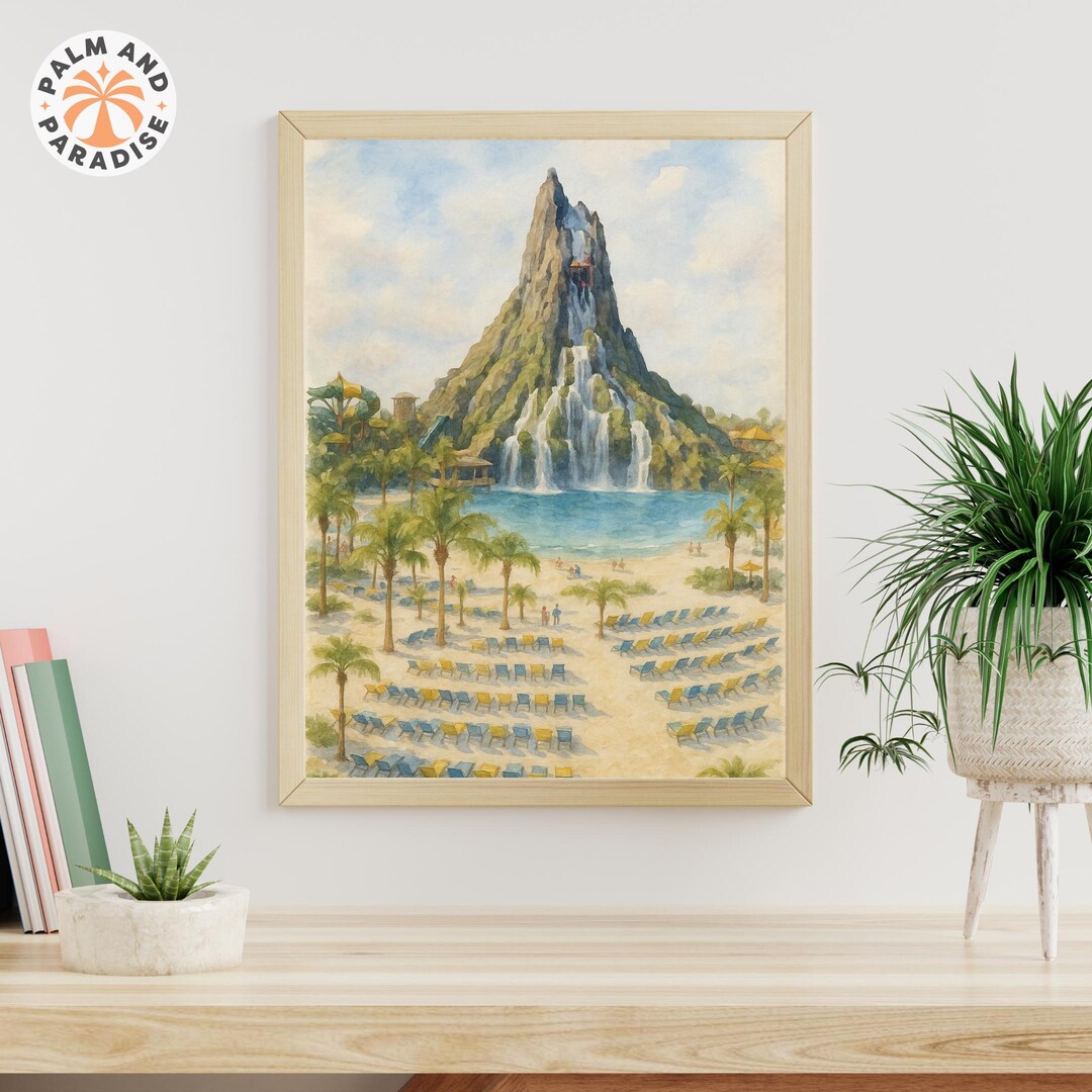 Volcano Bay Printable Poster | Universal Orlando Wall Art | Watercolor Beach & Volcano Scene ...