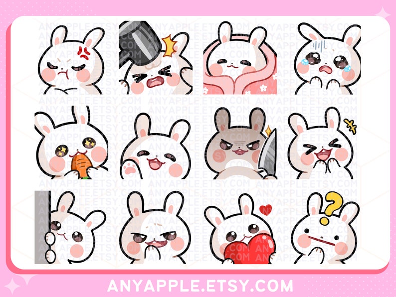 Cute White Bunny Twitch Emote For Streamer Bundle Discord Emote Kawaii