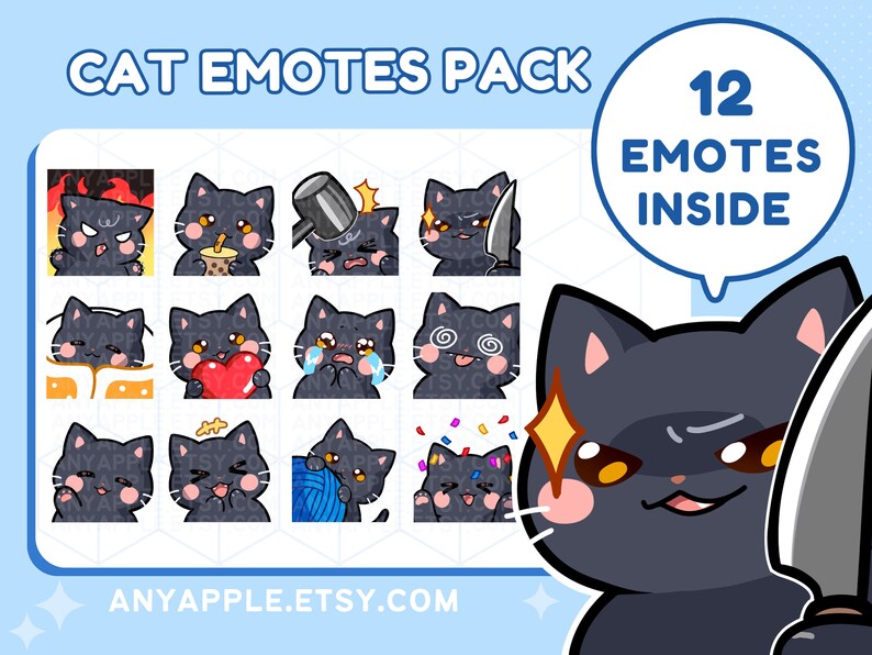 Cute Black Twitch Emote for Streamer Bundle Discord Emote Kawaii Neko ...