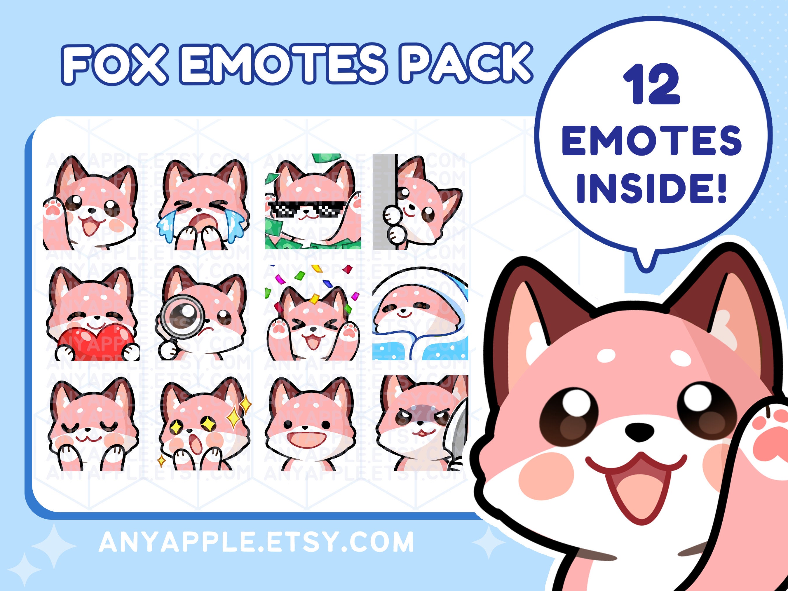 Pink Fox Twitch Emotes for Streamer Bundle Discord Emote Kawaii Kitsune ...