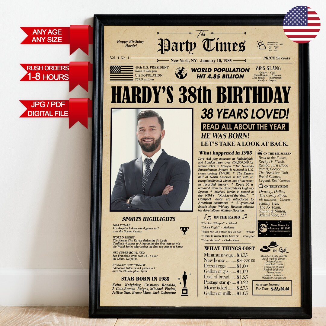 38th Birthday Newspaper Poster Sign American, 38th Birthday Gift ...