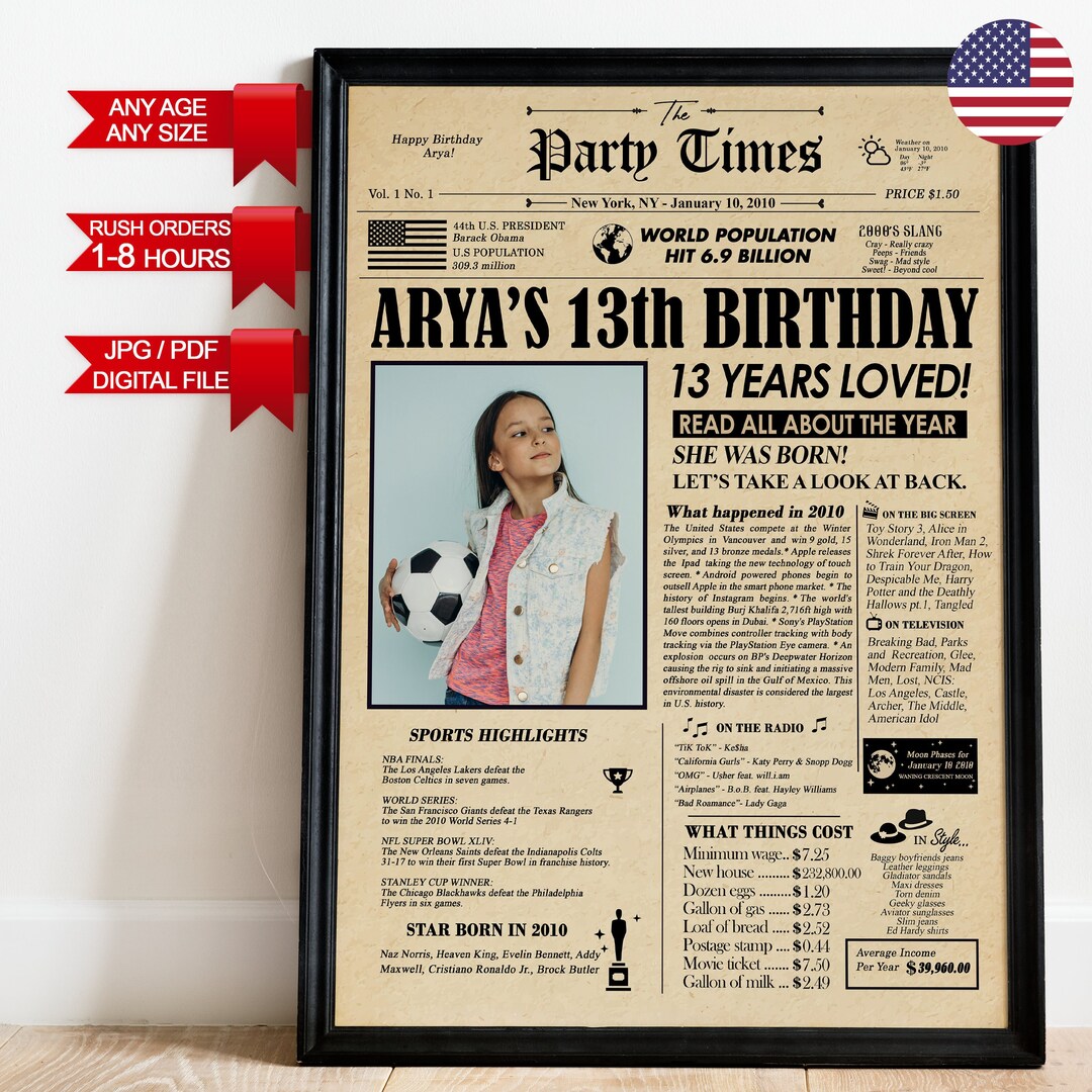 13th Birthday Newspaper Poster Sign American, 13th Birthday Gift ...
