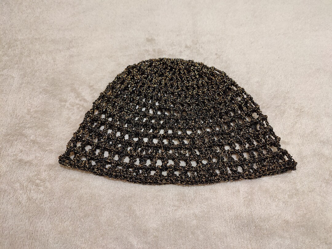 Skull Cap in Black Gold, Sparkle Retro Net Hat, 70s Hand-crocheted ...