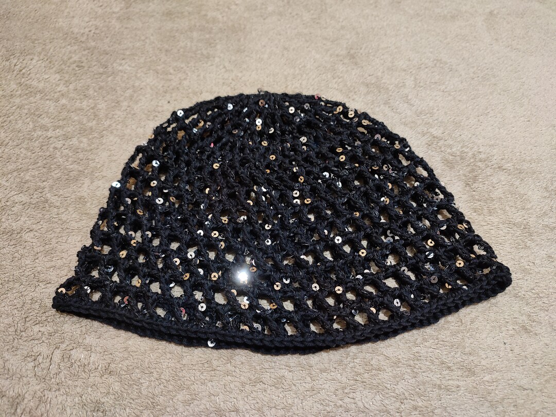 Mesh Hat With Sequins, Disco Hat, Black Retro Hat, 70s Hat, Crocheted ...