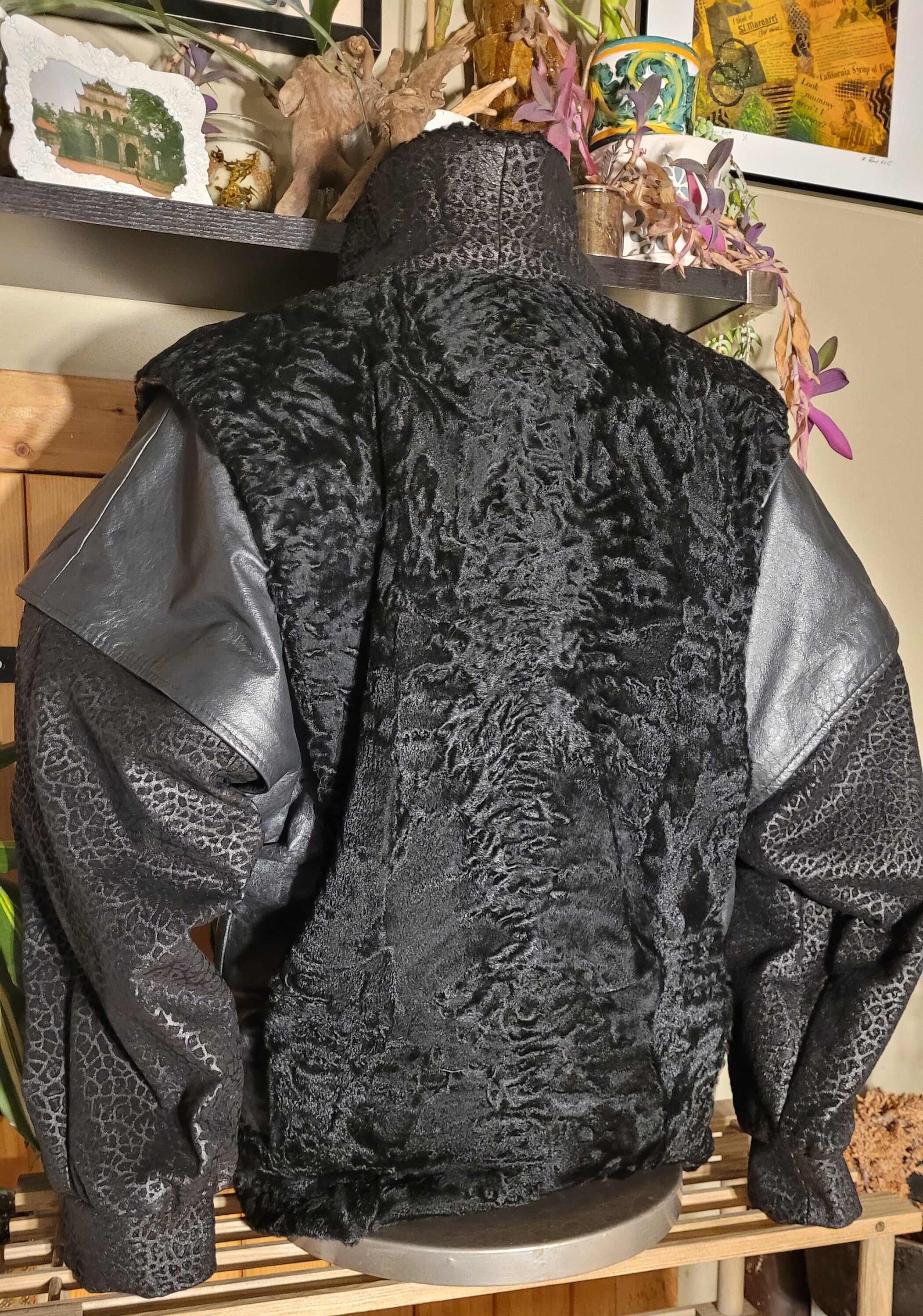 Vintage 1980s Oversized Leather Jacket Lamb Wool Astrakhan Karakul ...