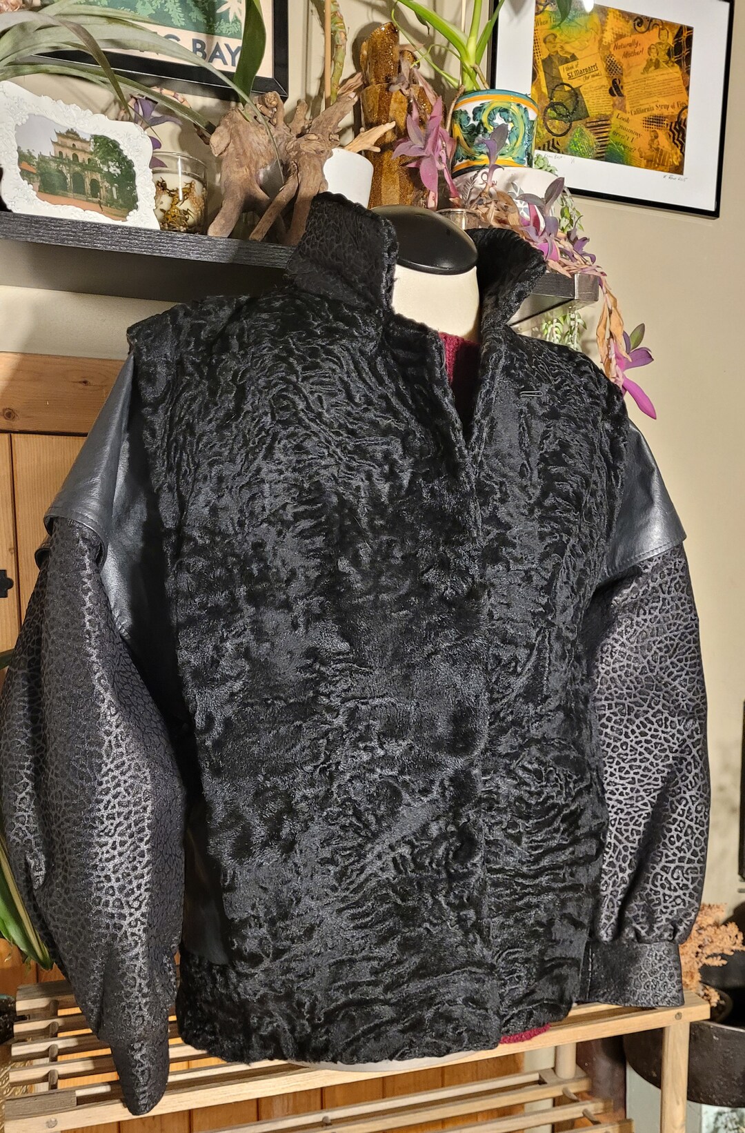 Vintage 1980s Oversized Leather Jacket Lamb Wool Astrakhan Karakul ...