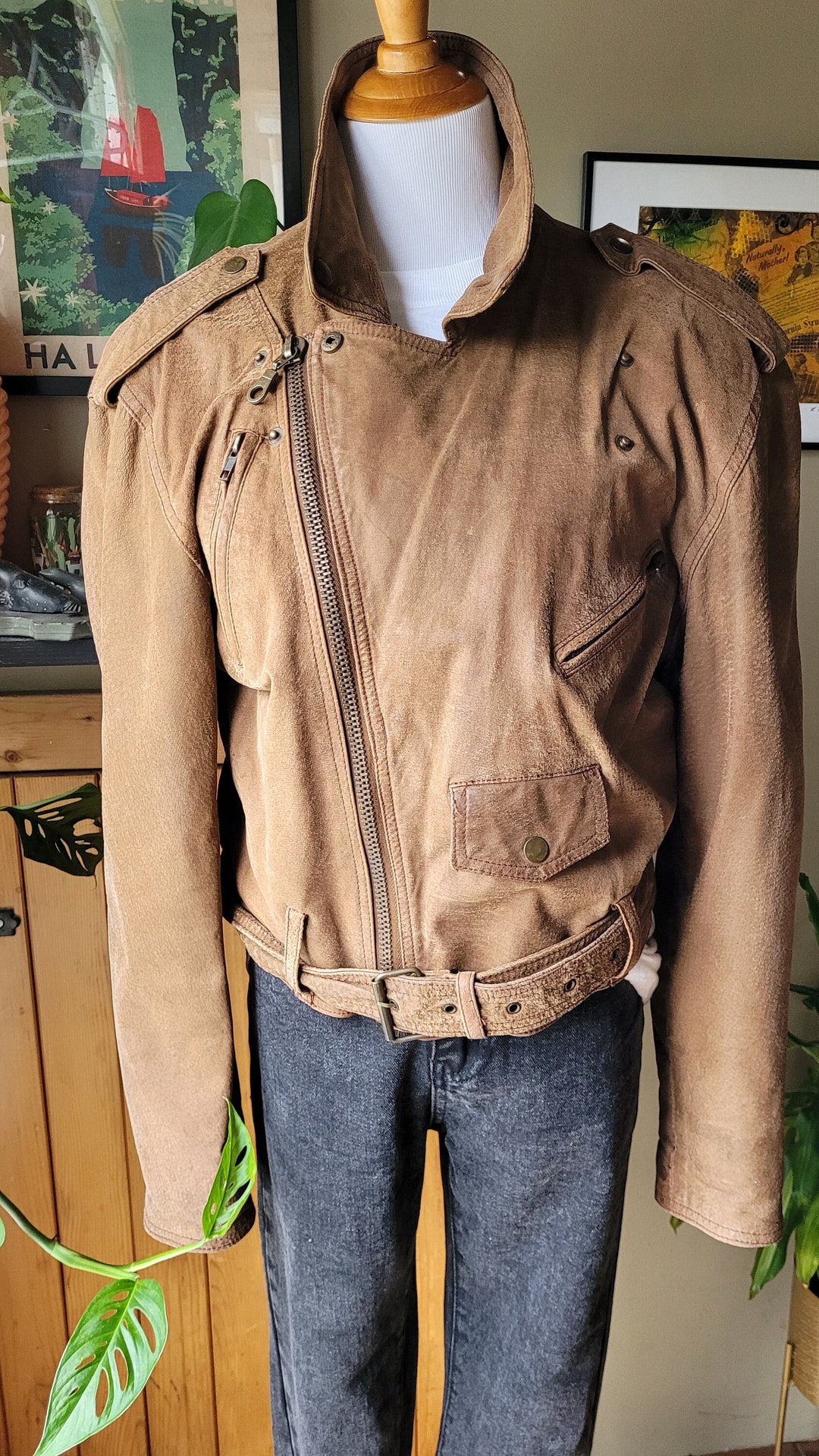 Vintage 80s Leather Motorcycle Jacket Retro Bomber Bikers Belt Around ...