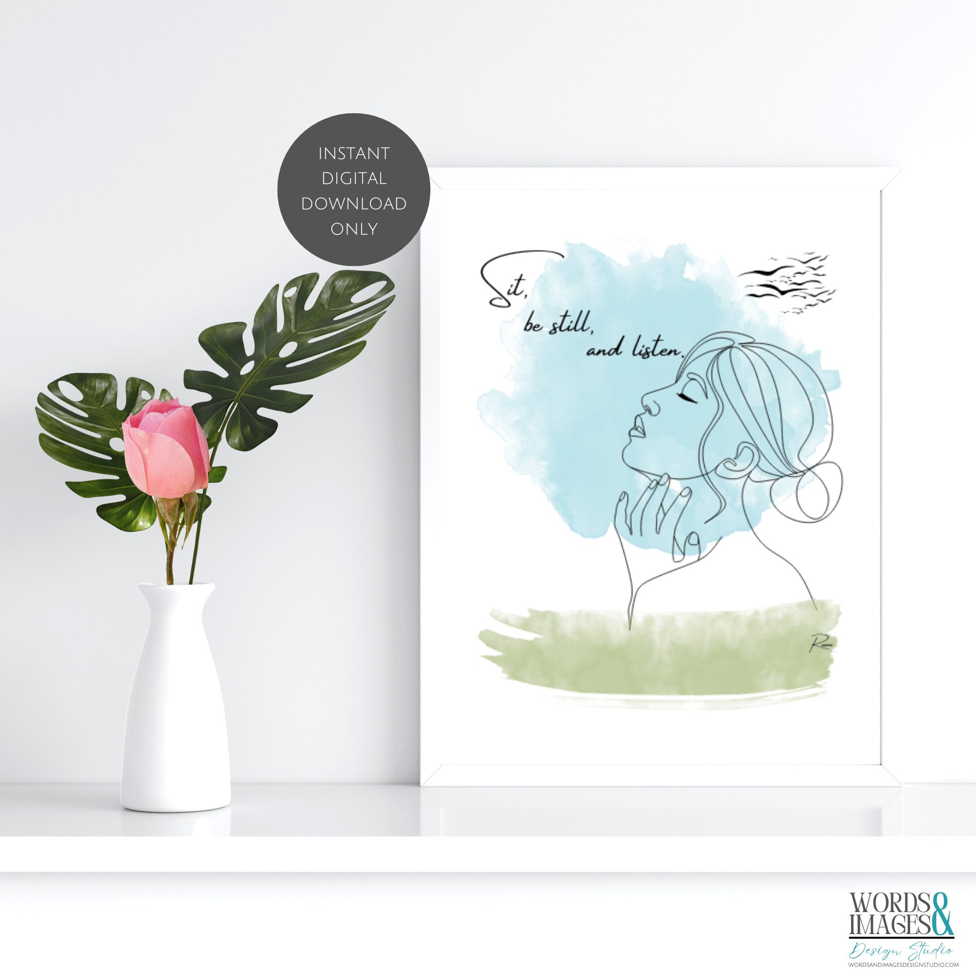 Sage Green Blue Line Art Rumi Quote, Rumi Line Art, Rumi Sit Be Still ...