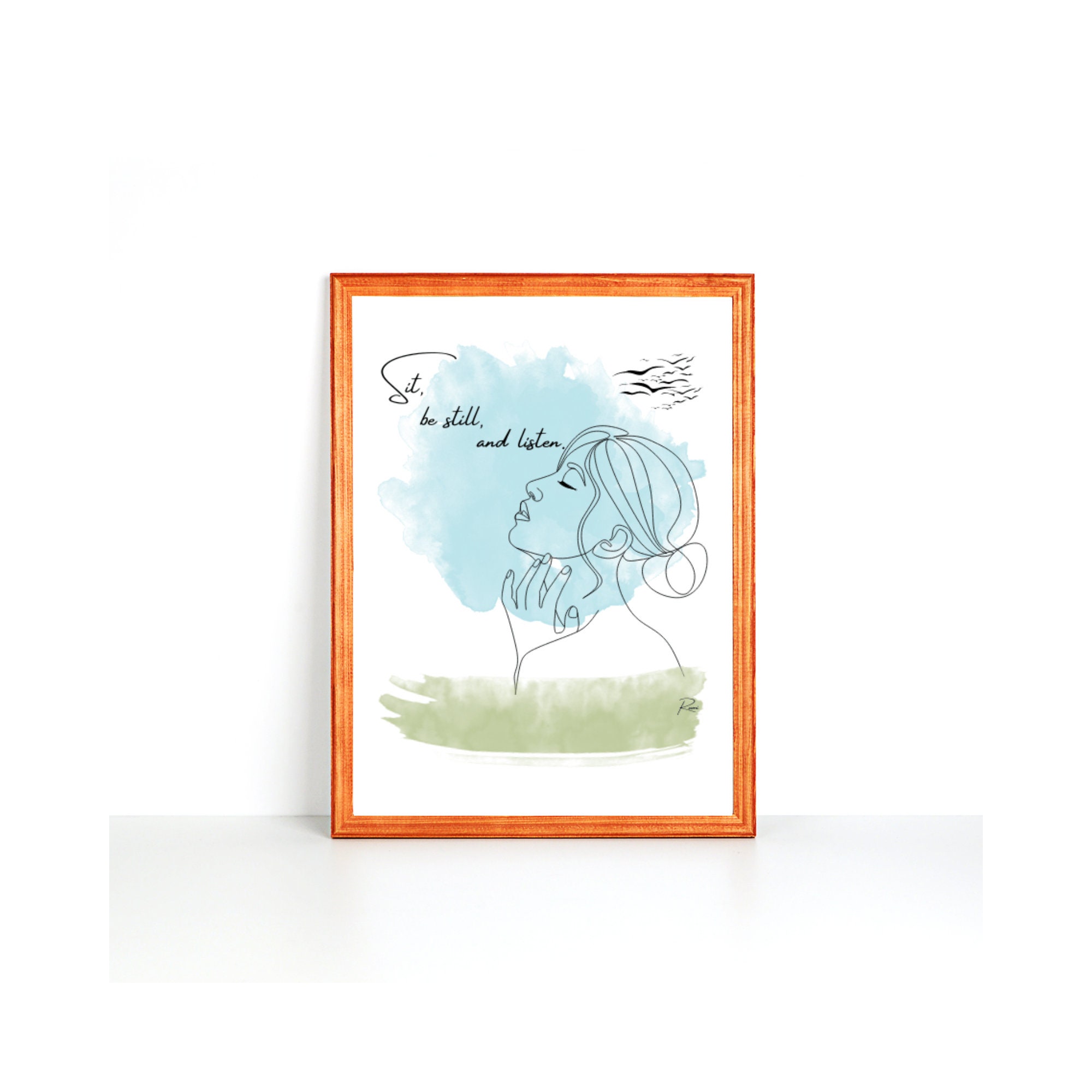 Sage Green Blue Line Art Rumi Quote, Rumi Line Art, Rumi Sit Be Still ...