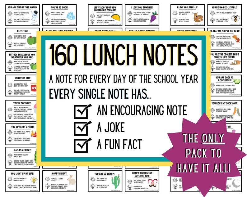 160 PRINTABLE Lunch Notes for Kids - Encouragement, Jokes & Fun Facts ...