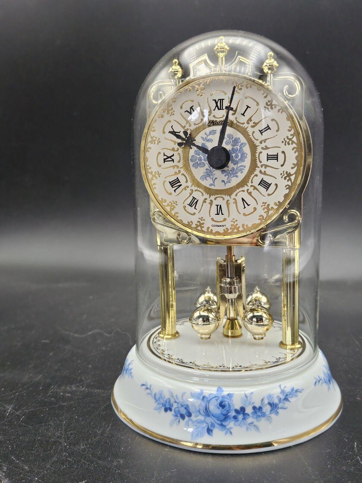 Vtg Reine Handarbeit Porcelain Kundo Clock Blue Flowers Glass Dome ...