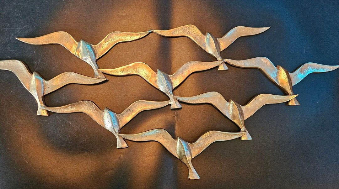 MCM Brass Seagull Wall Hanging 8 Flying Birds Sparrows Plaque Gold ...