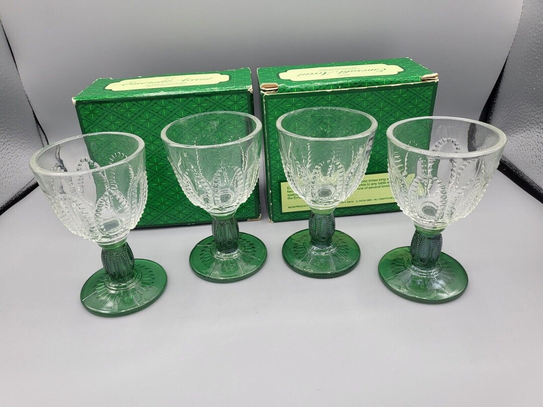 4 Vtg AVON 1982 Emerald Green Cordial Drinking Glass Stemware St ...