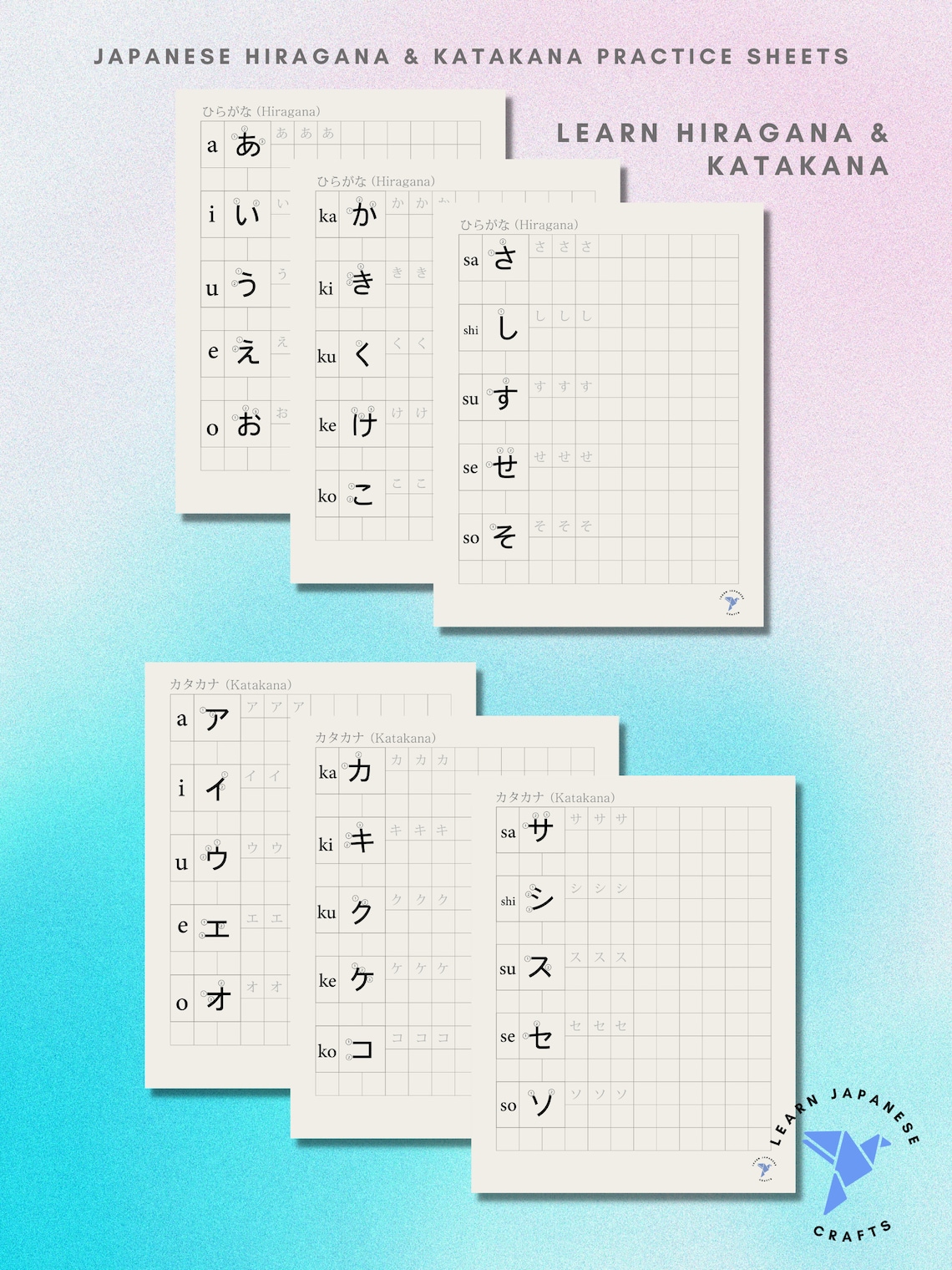 Beginner Japanese Hiragana and Katakana Practice Sheets - Printable PDF ...