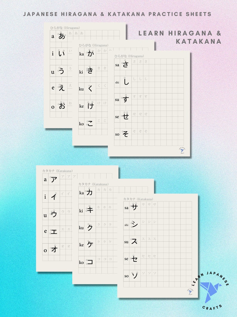 Beginner Japanese Hiragana and Katakana Practice Sheets - Printable PDF ...