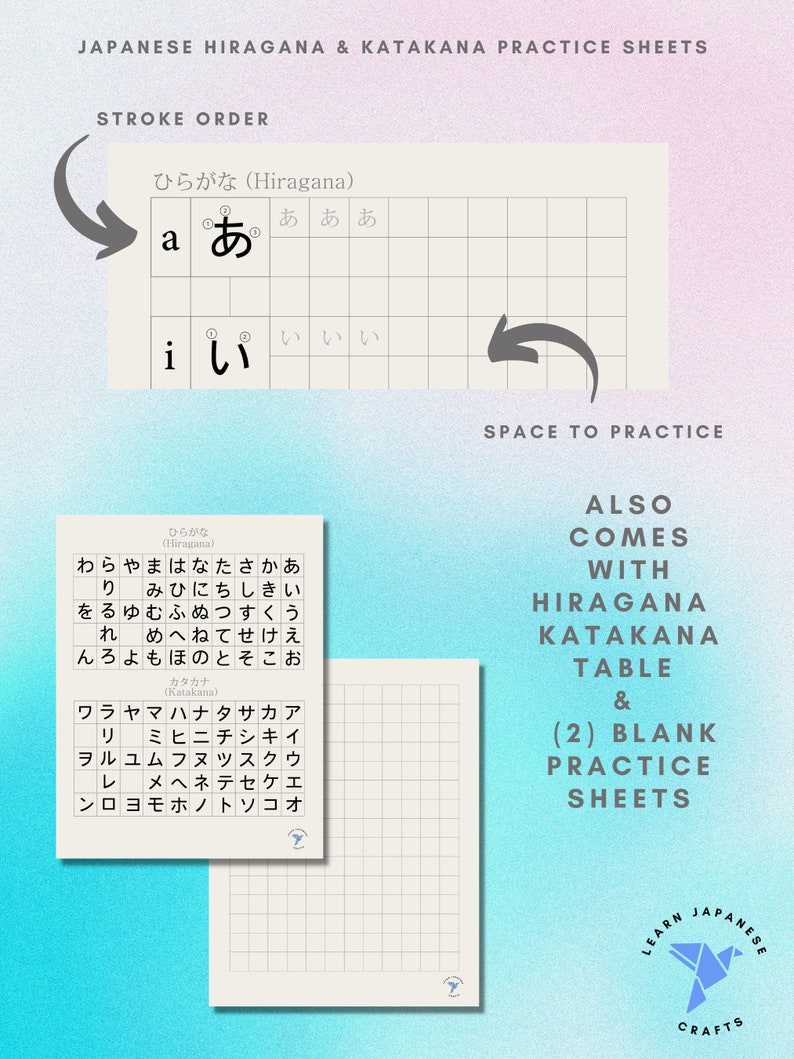 Beginner Japanese Hiragana and Katakana Practice Sheets - Printable PDF ...
