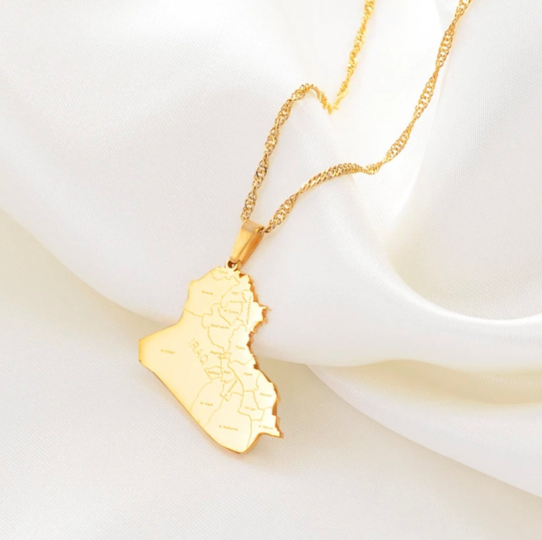Minimalist Republic of Iraq Map With City Names Pendant Necklace 18K ...