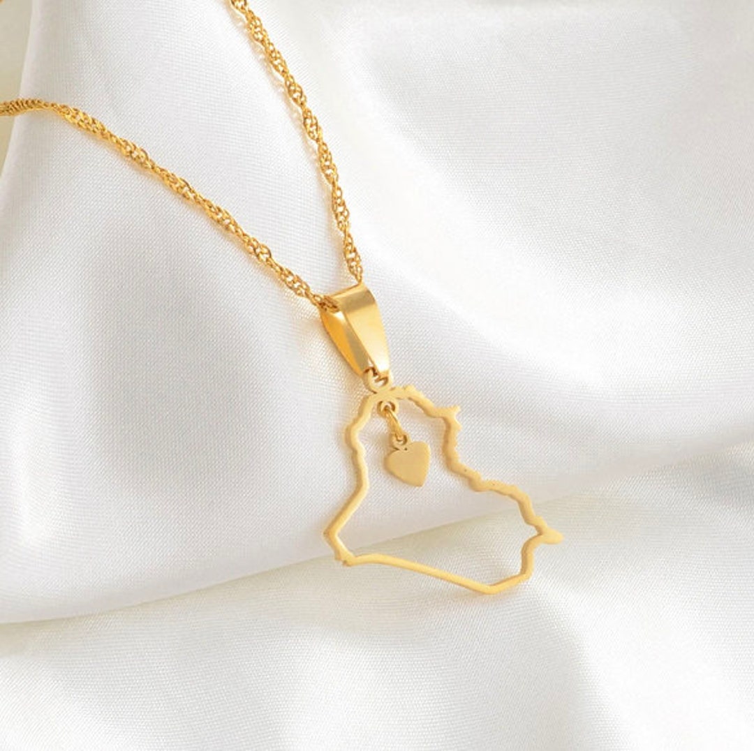 Beautiful Iraq Map Contour Pendant With Small Heart Charm Necklace ...